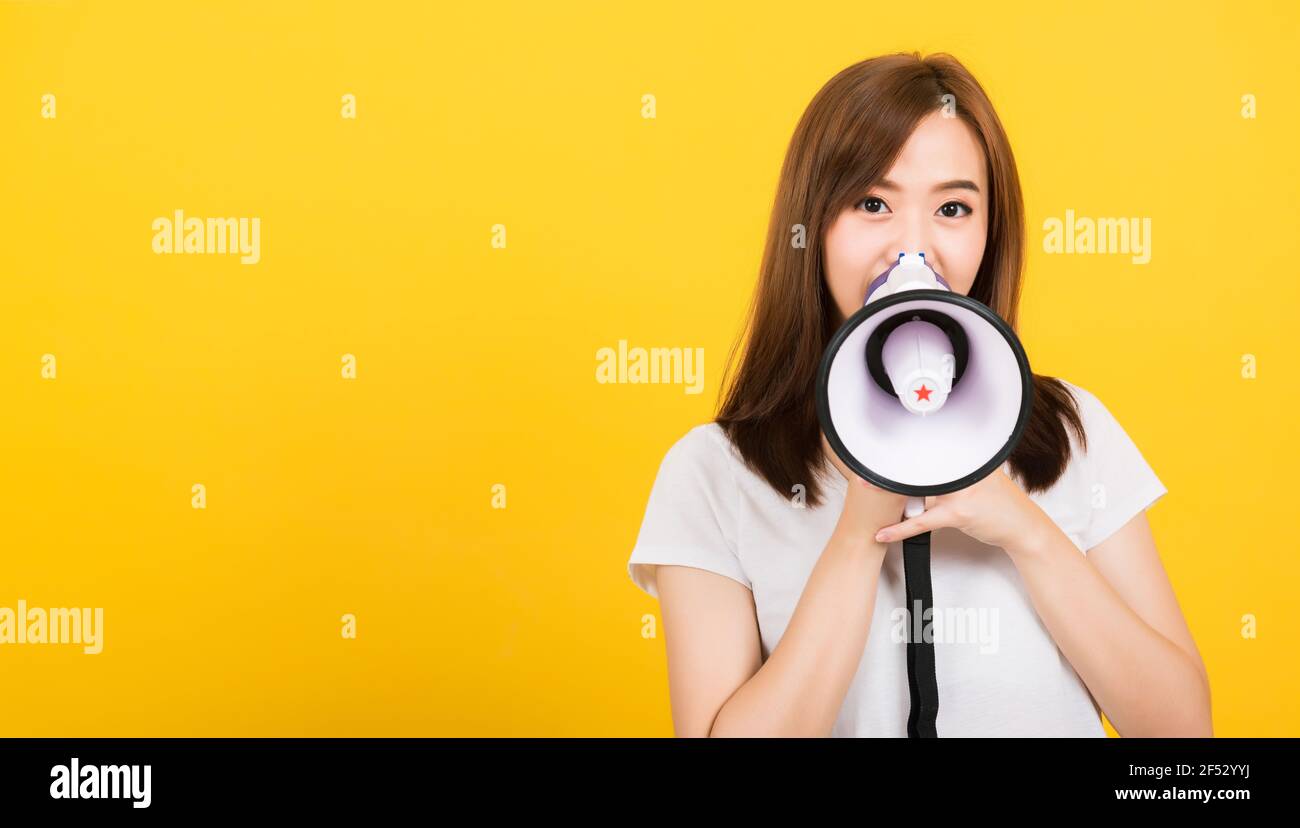 Asian happy portrait beautiful cute young woman teen standing making ...