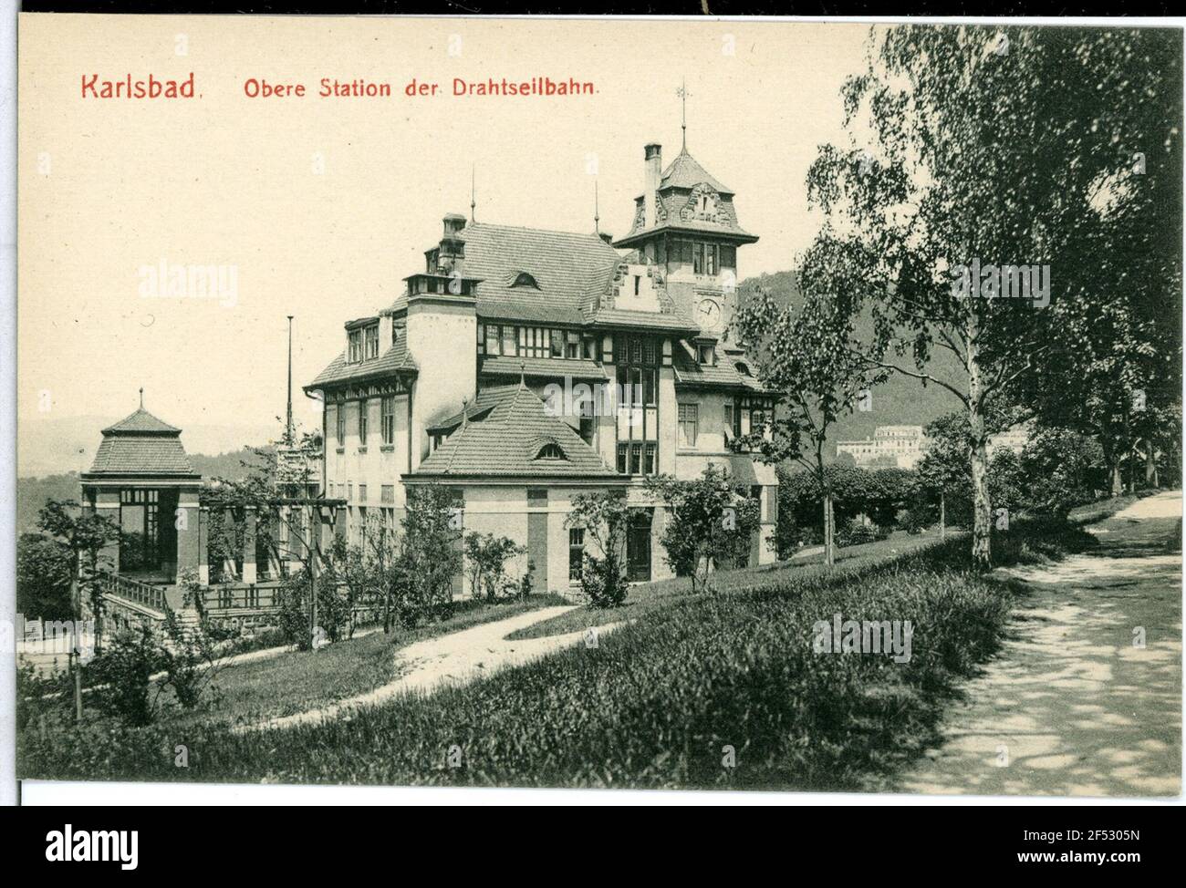 Upper station of the wire cable car Carlsbad. Upper station of the wire ...