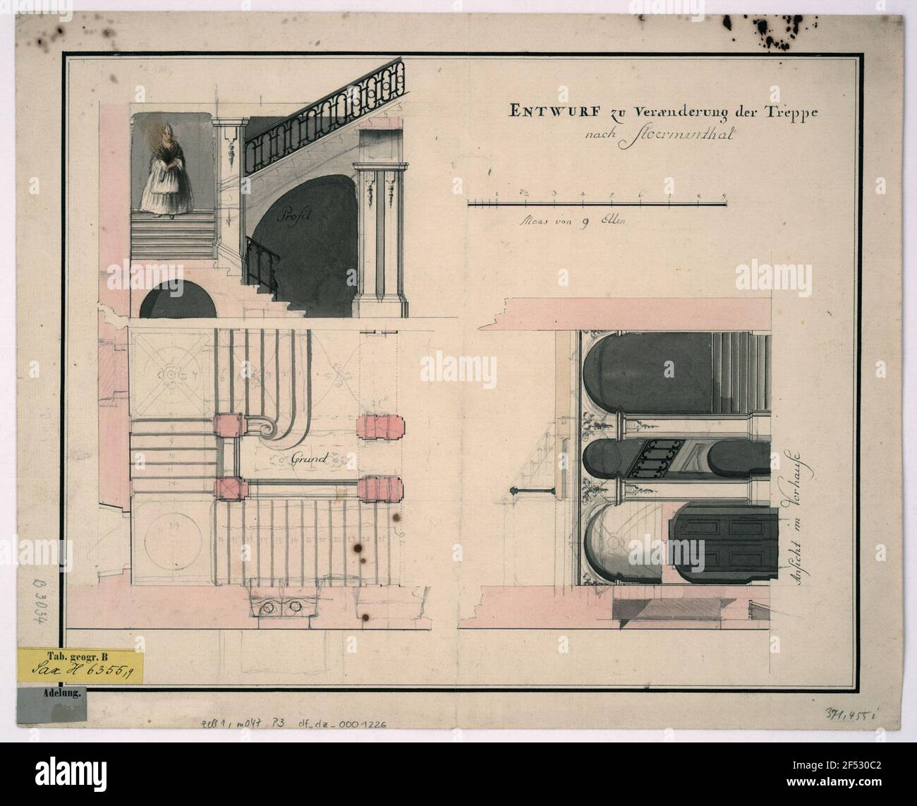 Storing dope, castle, stairs. Design, floor plan and cuts Stock Photo ...