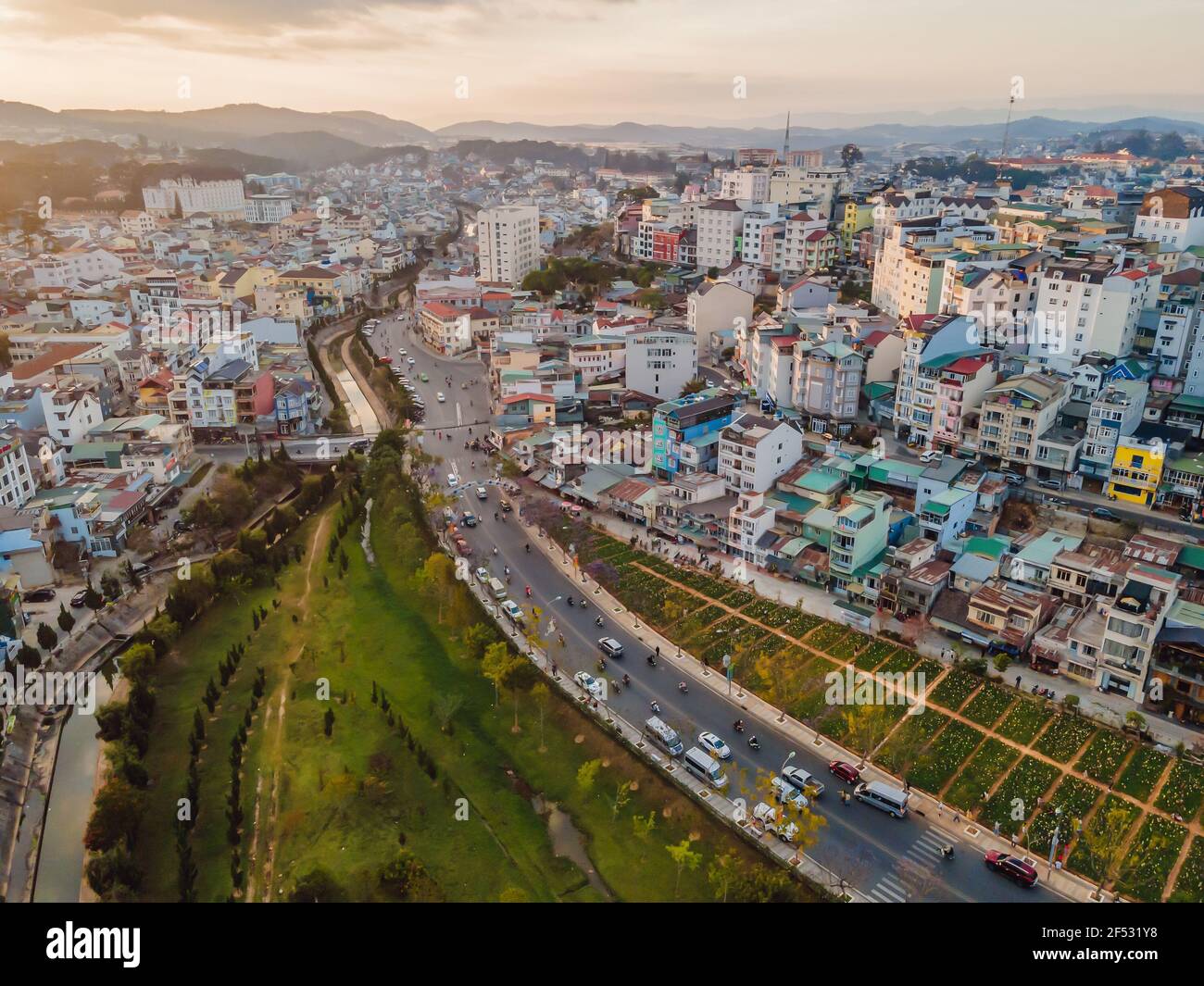 Aerial view of Dalat city. The city is located on the Langbian Plateau ...