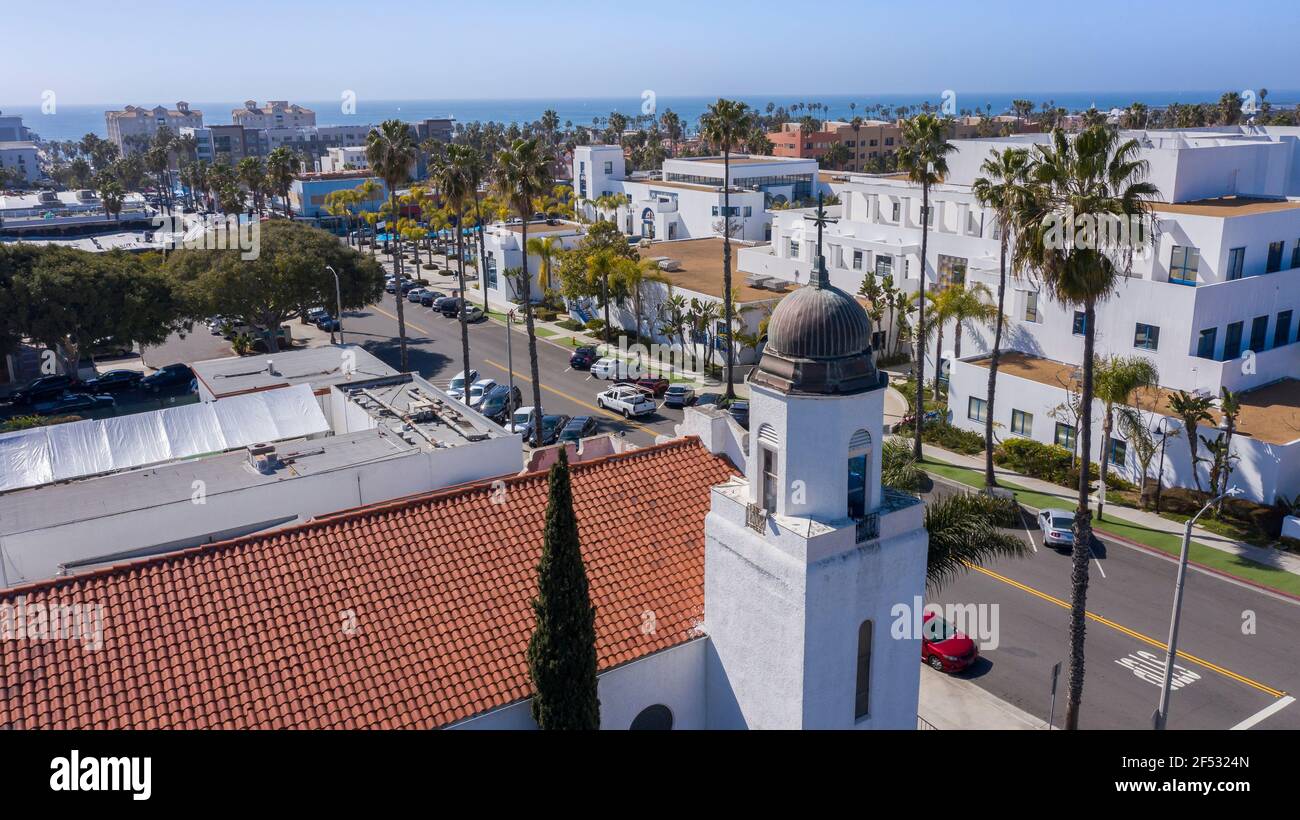 Daytime aerial view of the downtown city area of Oceanside, California ...