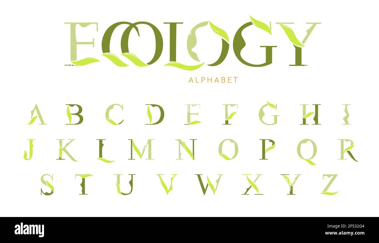 Vector Ecology Alphabet with decorative leafs elements. Modern elegance ...