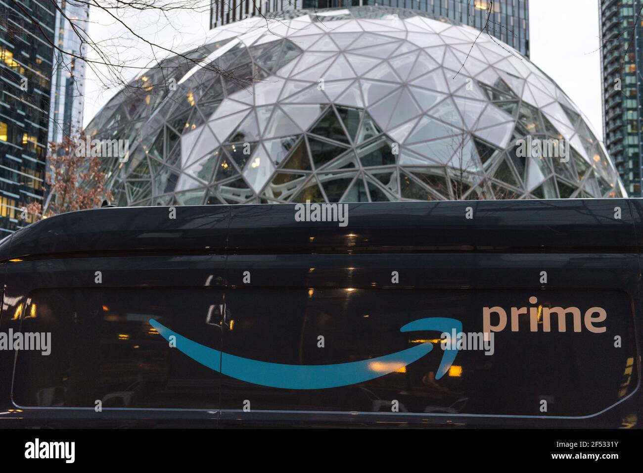 Seattle, USA. 23rd Mar, 2021. An Amazon Prime truck outside the Amazon ...