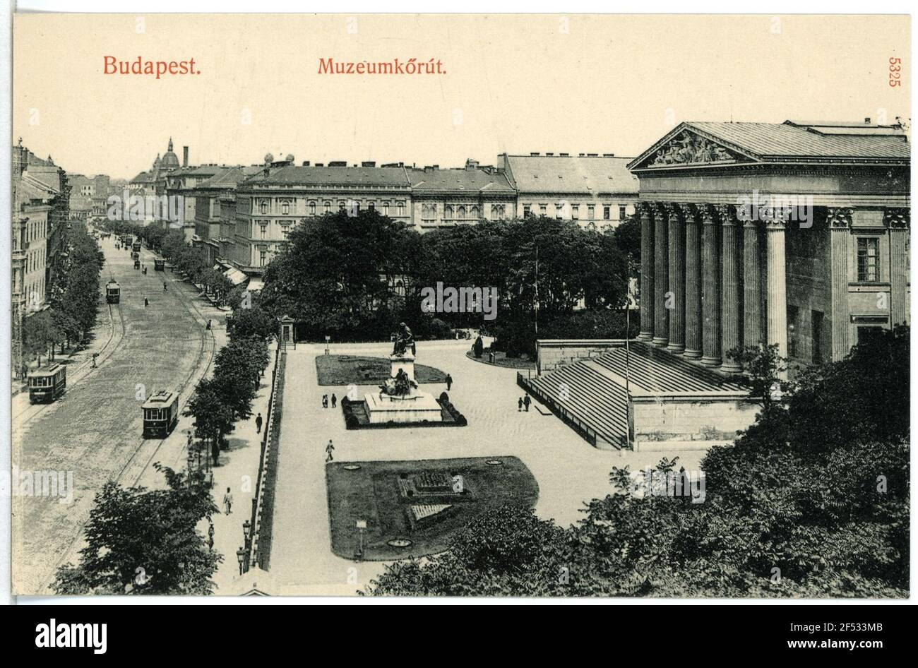 Museum ring with trams Budapest. Museum ring with national museum (1847 ...