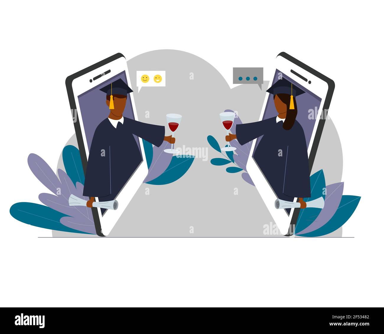 Graduation, square cap of the graduate, mantle. Mobile phone, man and ...