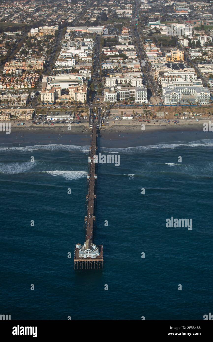 Daytime aerial view of the beach and downtown city area of Oceanside ...