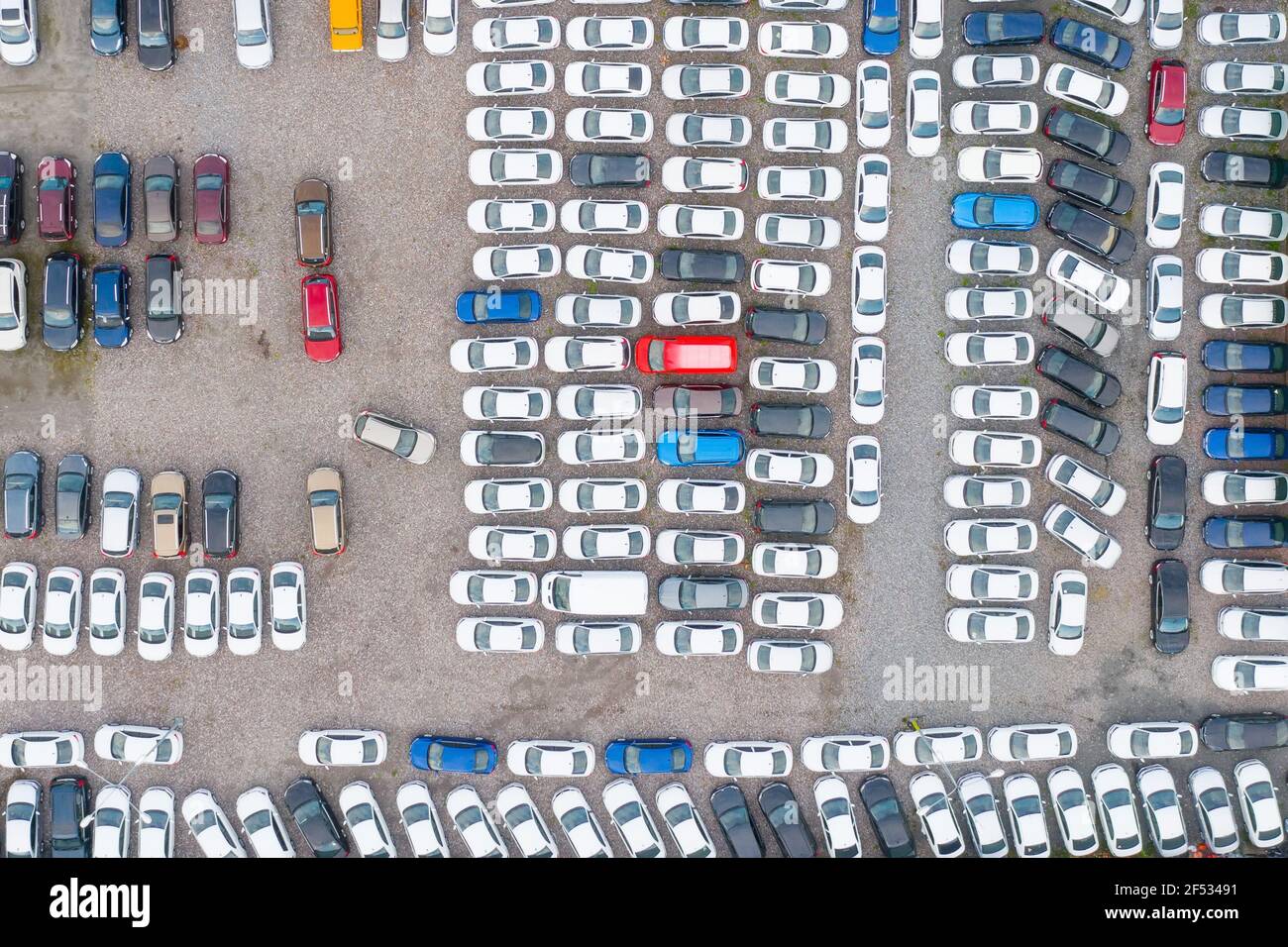 An aerial view of a new car parking area Stock Photo - Alamy