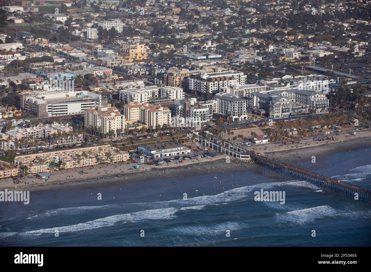 Daytime aerial view of the beach and downtown city area of Oceanside ...