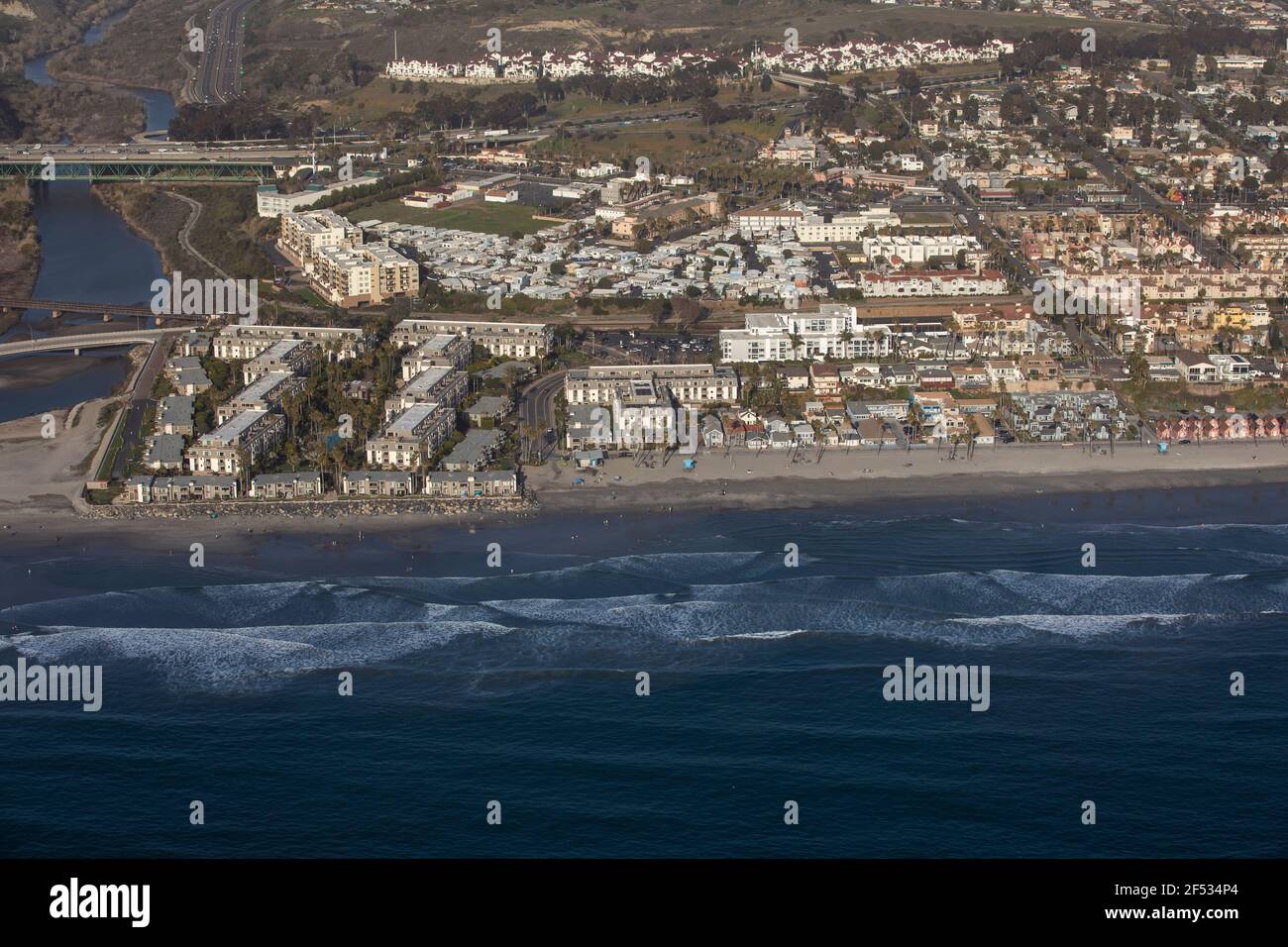 Daytime aerial view of the beach and downtown city area of Oceanside ...