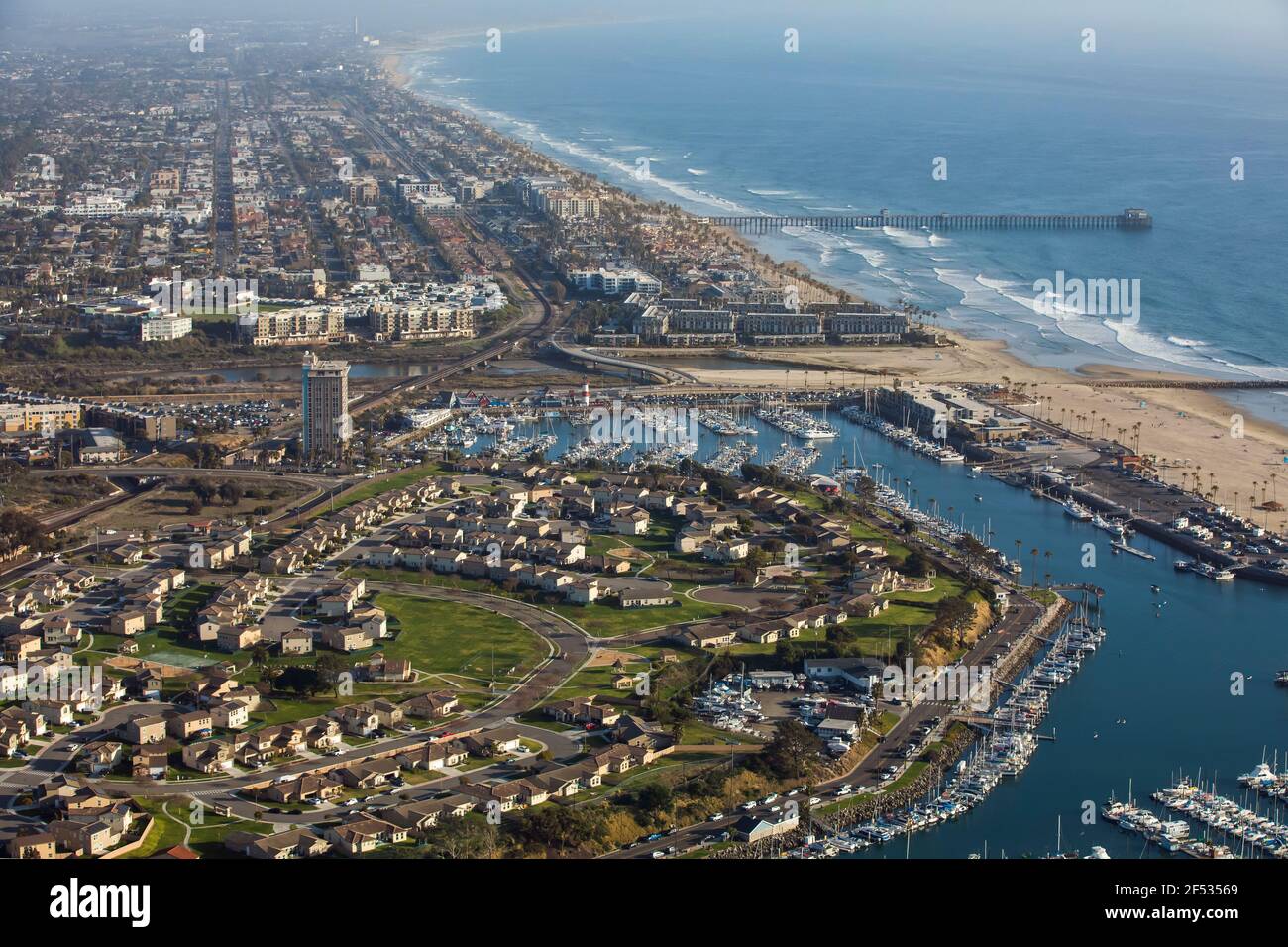 Daytime aerial view of the beach and downtown city area of Oceanside ...