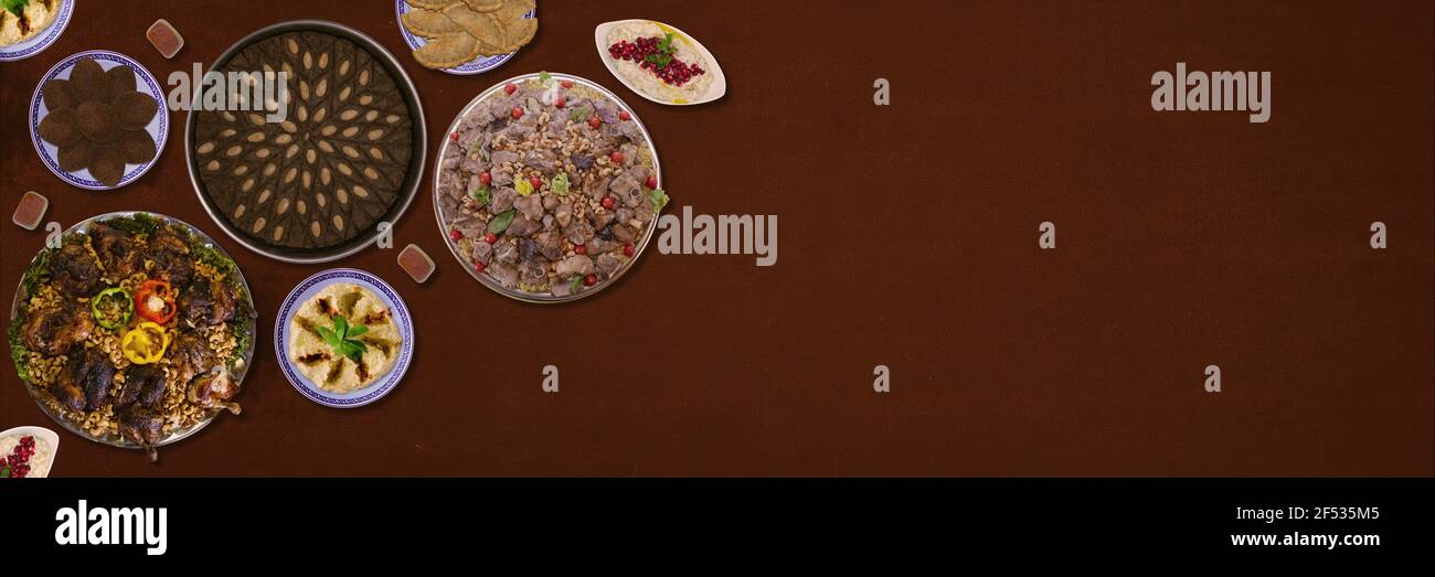 Different types of Oriental or Middle east food on a dinner table ...