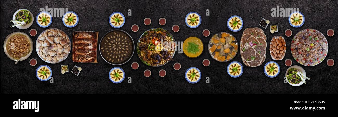 Different types of Oriental or Middle east food on a dinner table ...