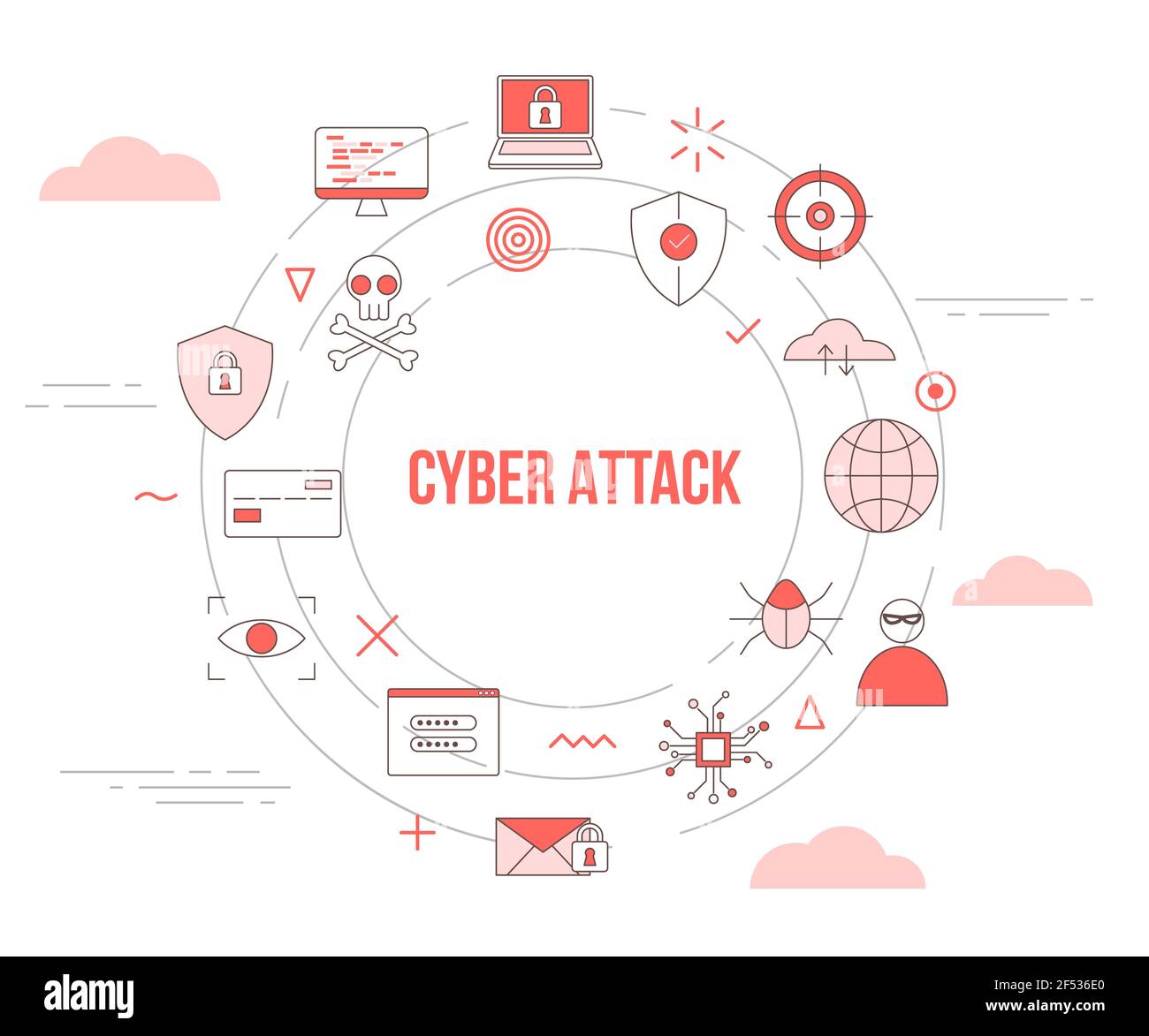 cyber attack concept with icon set template banner with modern orange ...