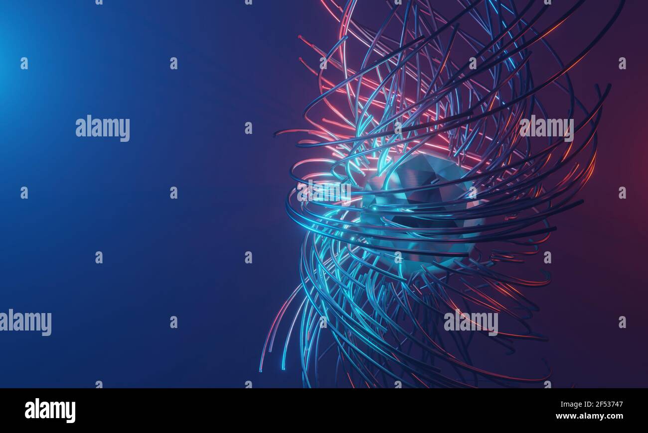 Exploding metal sphere and tubes in blue and red color on gradient ...