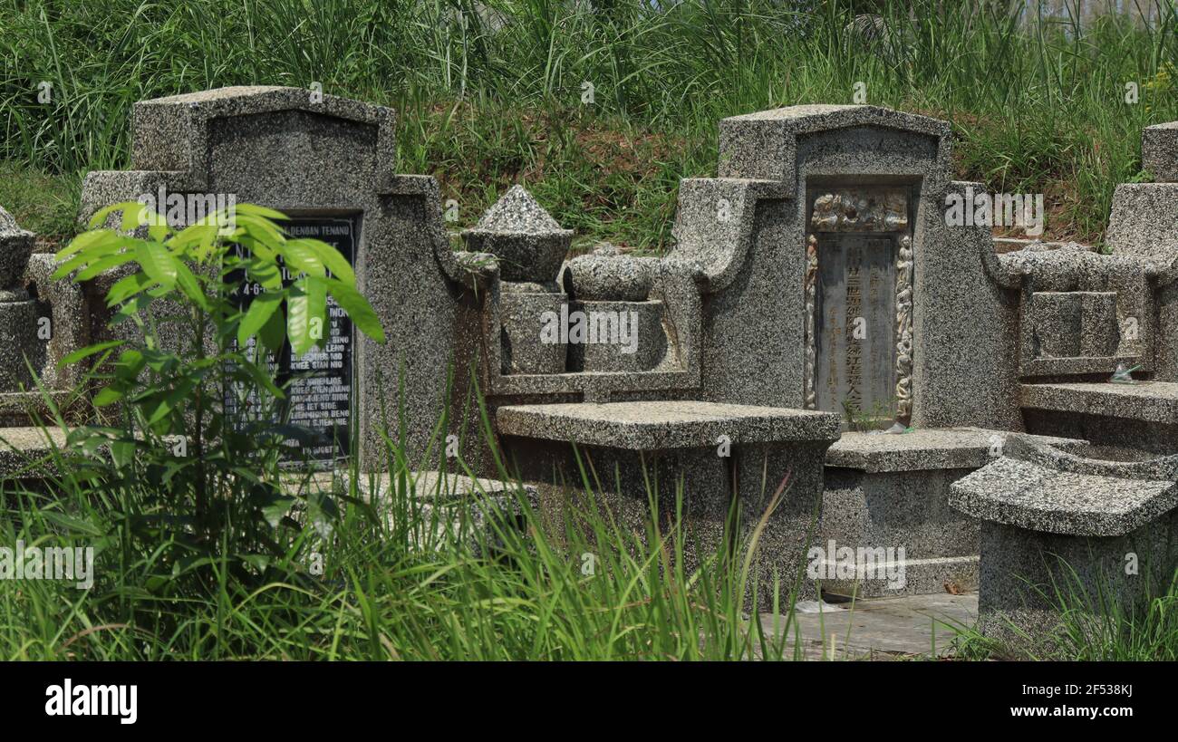 Chinese culture traditional concrete tombs with Chinese memorial name ...