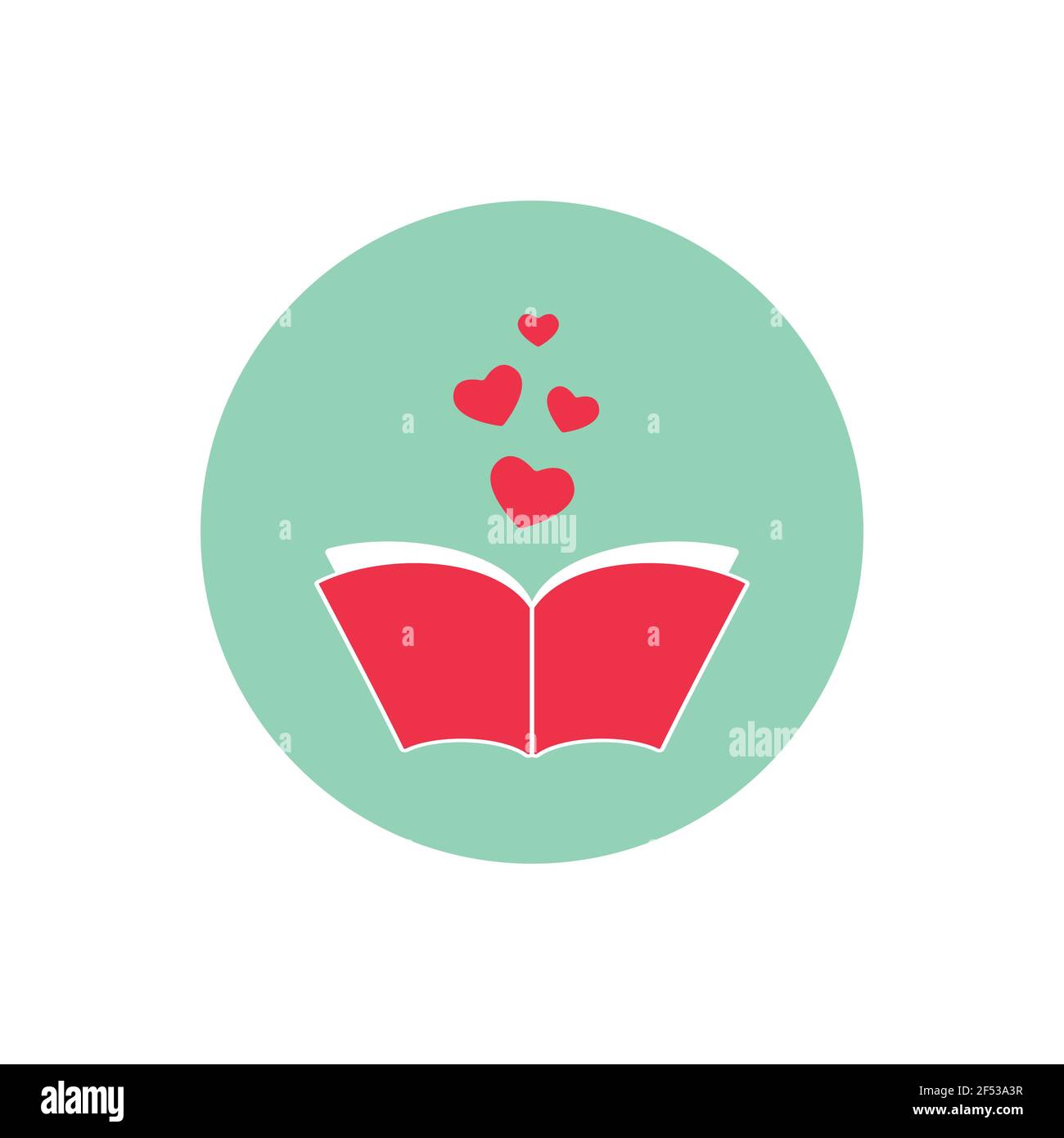 Open book with red cover and red hearts in turquoise circle. Isolated ...