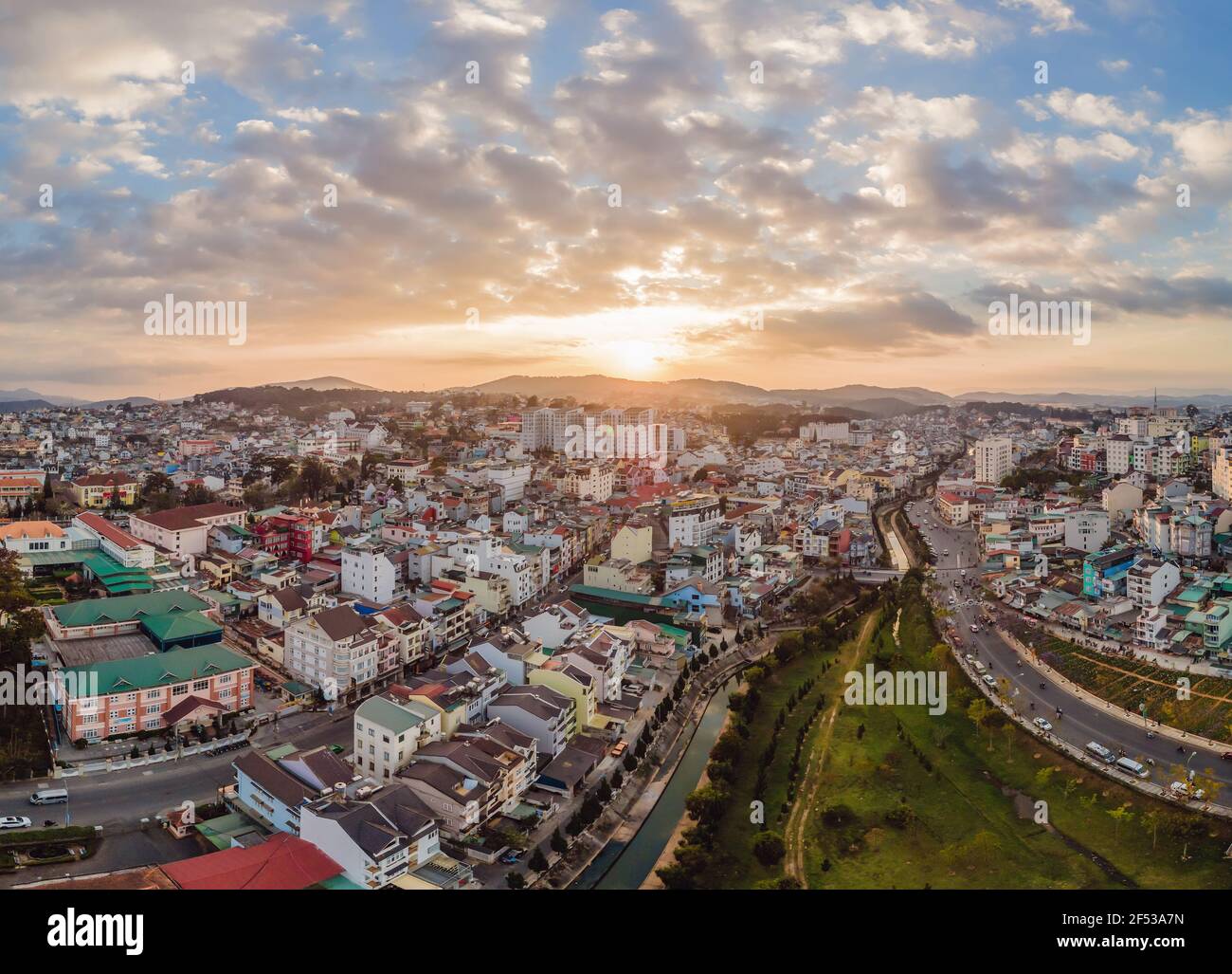 Aerial view of Dalat city. The city is located on the Langbian Plateau ...