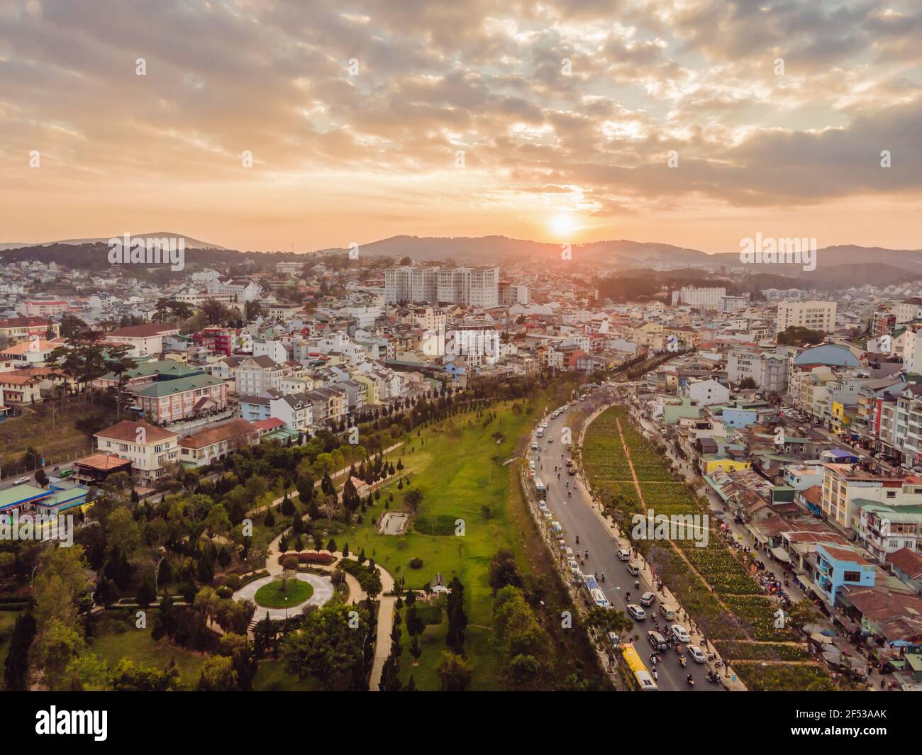 Aerial view of Dalat city. The city is located on the Langbian Plateau ...