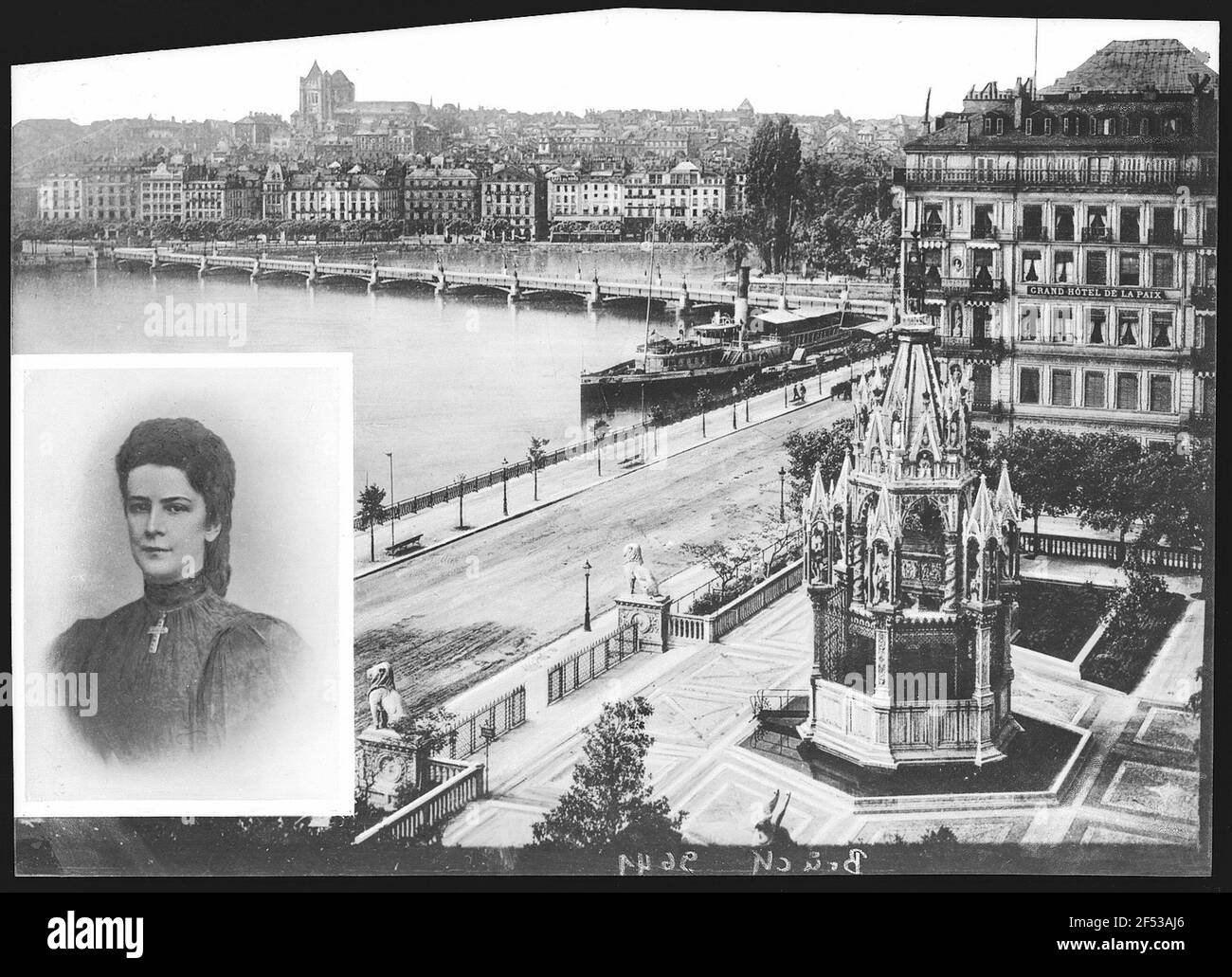 Budapest. Cityscape with portrait Queen Elisabeth (1870, retouched 1898 ...