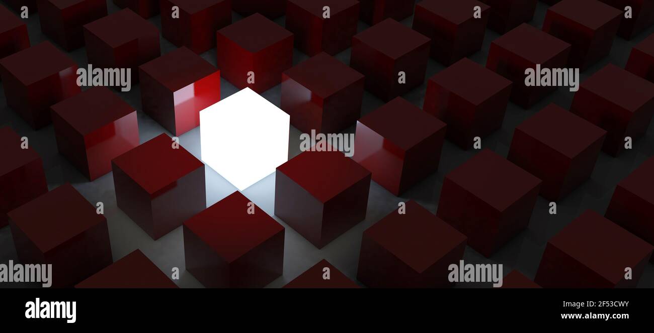 Stand out from the crowd and different creative idea concepts , One glowing light cube shining ...