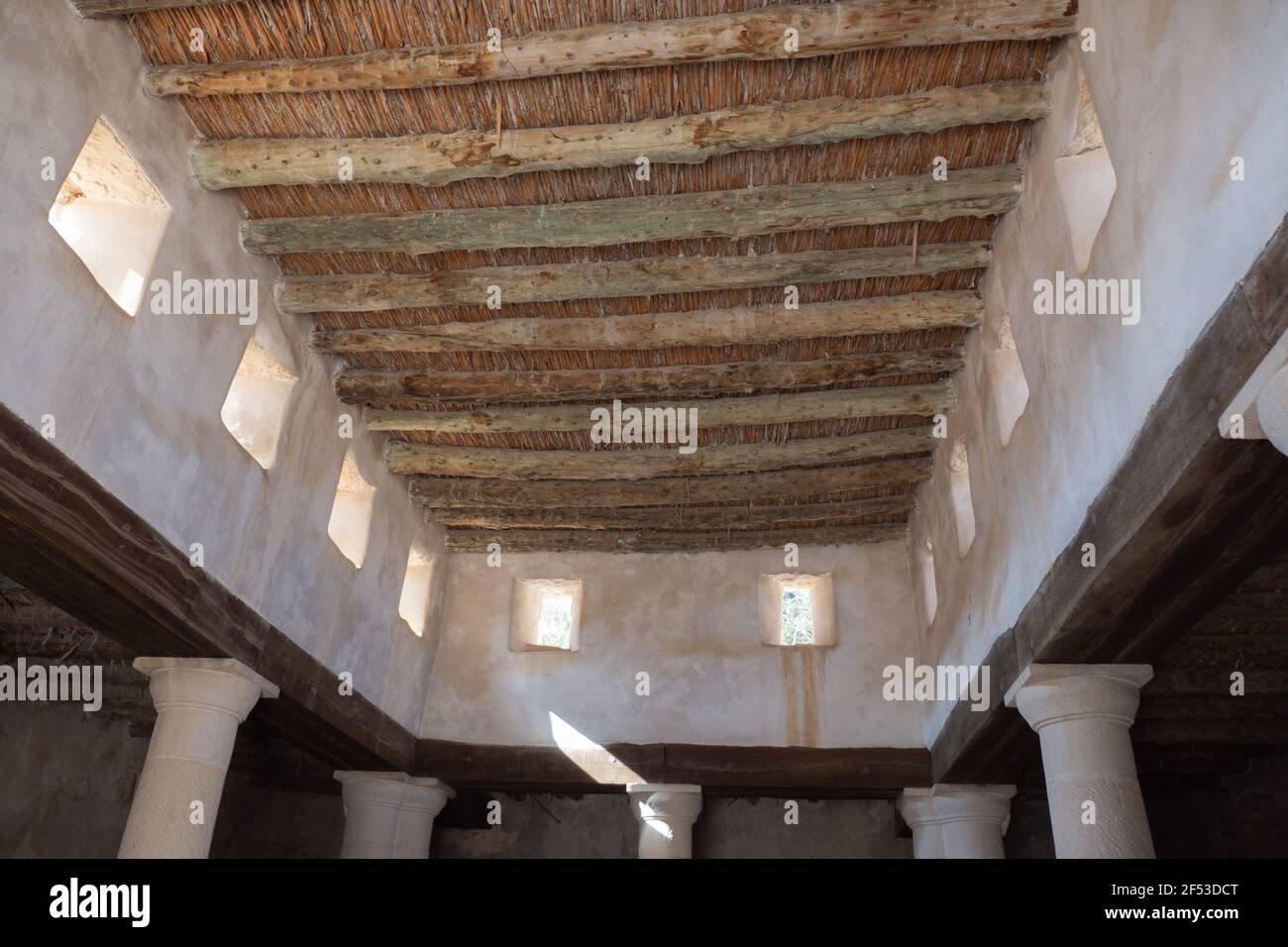 Ruins of the synagogue in Jesus Town of Capernaum, Israel. Reed roof ...