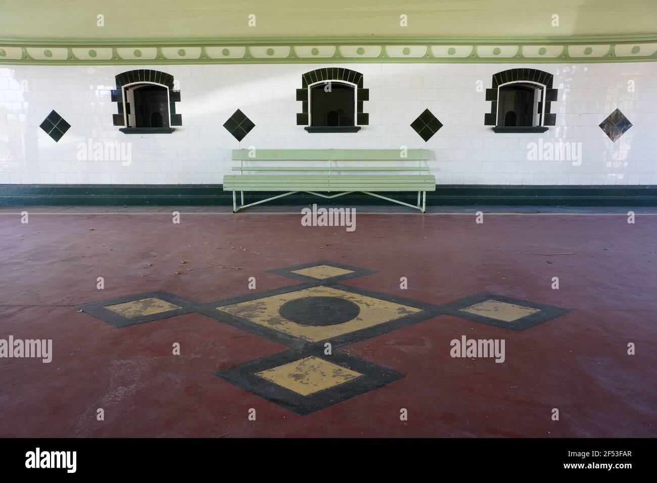 Ticket selling windows of the old historic art deco retired railway ...