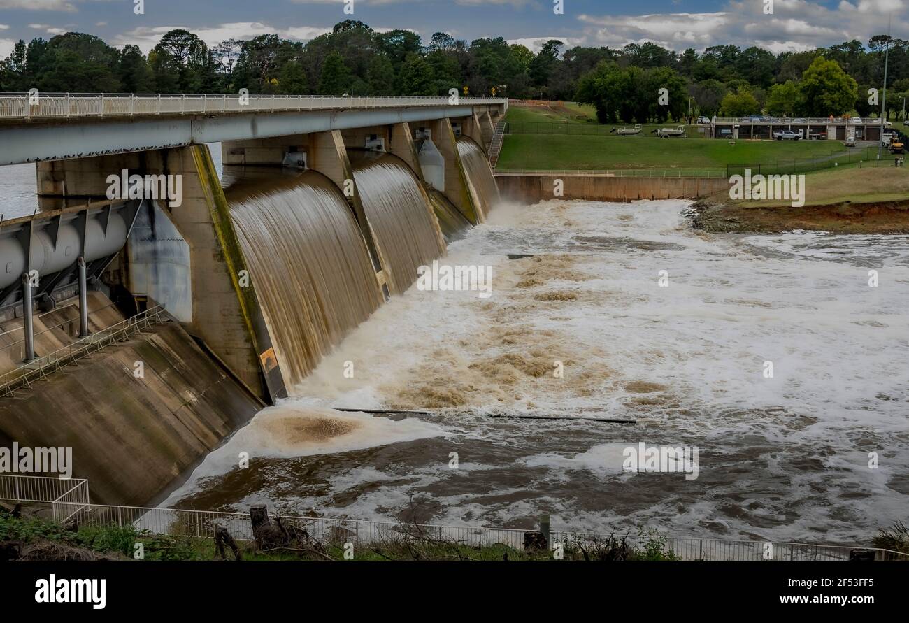 Canberra, ACT, Australia, 24 Mar 2021. Scrivener dam is overflowing due ...
