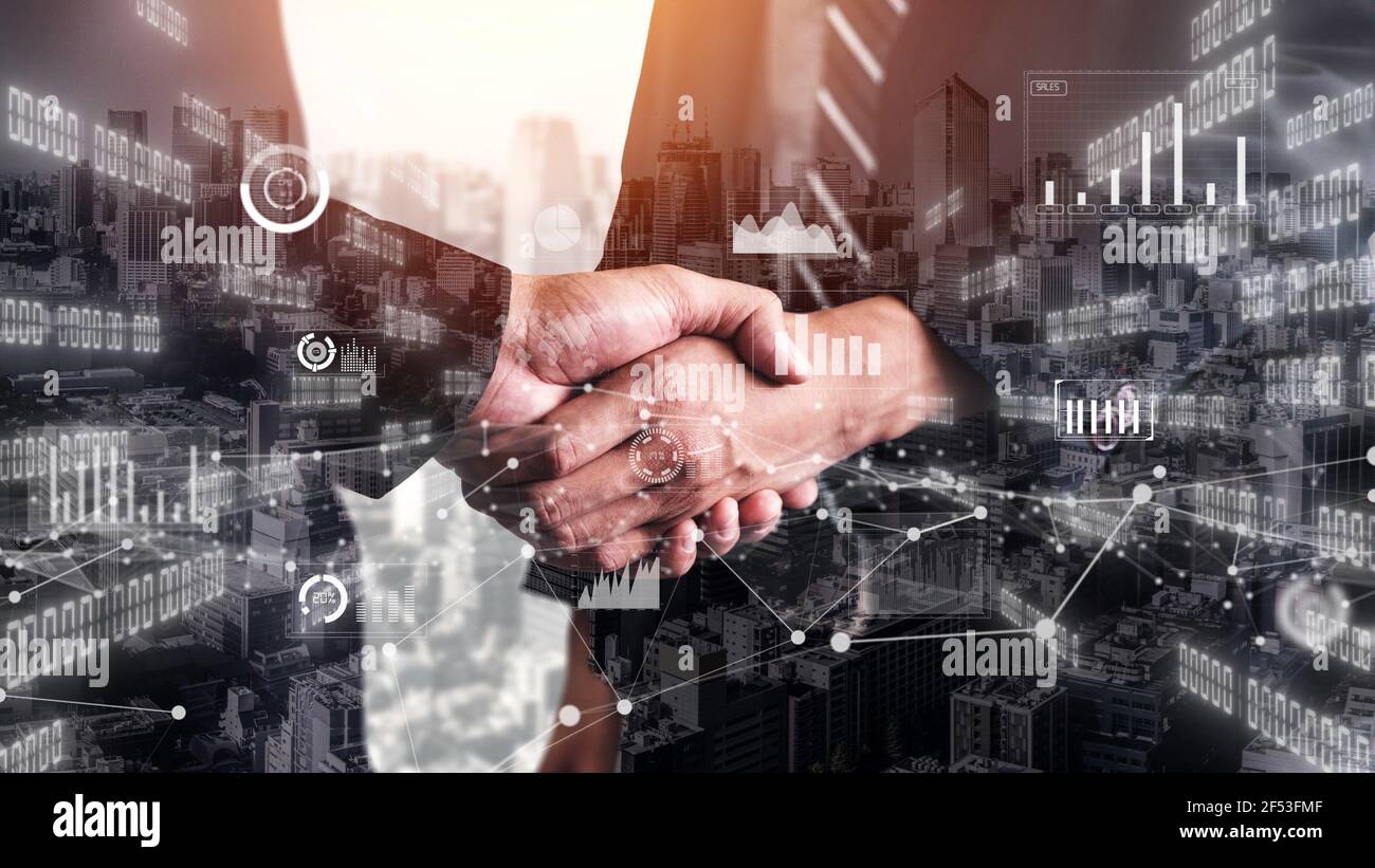Imaginative visual business handshake with computer graphic of ...