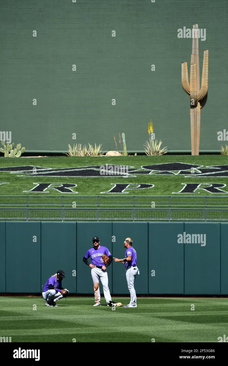 Colorado Rockies outfielders Raimel Tapia(left), Sam Hilliard (center ...