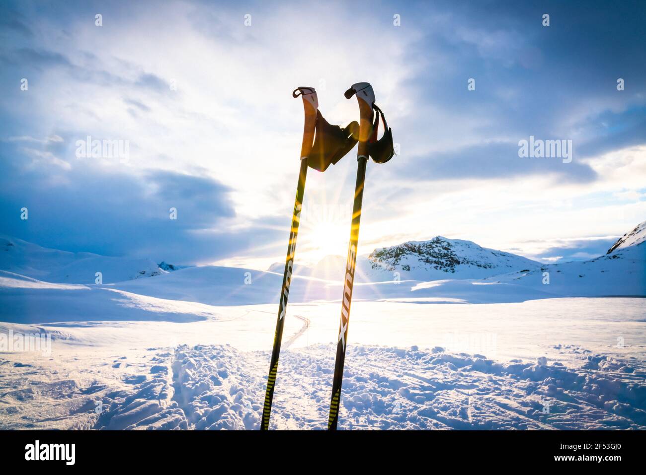Snowy winter mountain wilderness with Swix ski poles standing in the ...