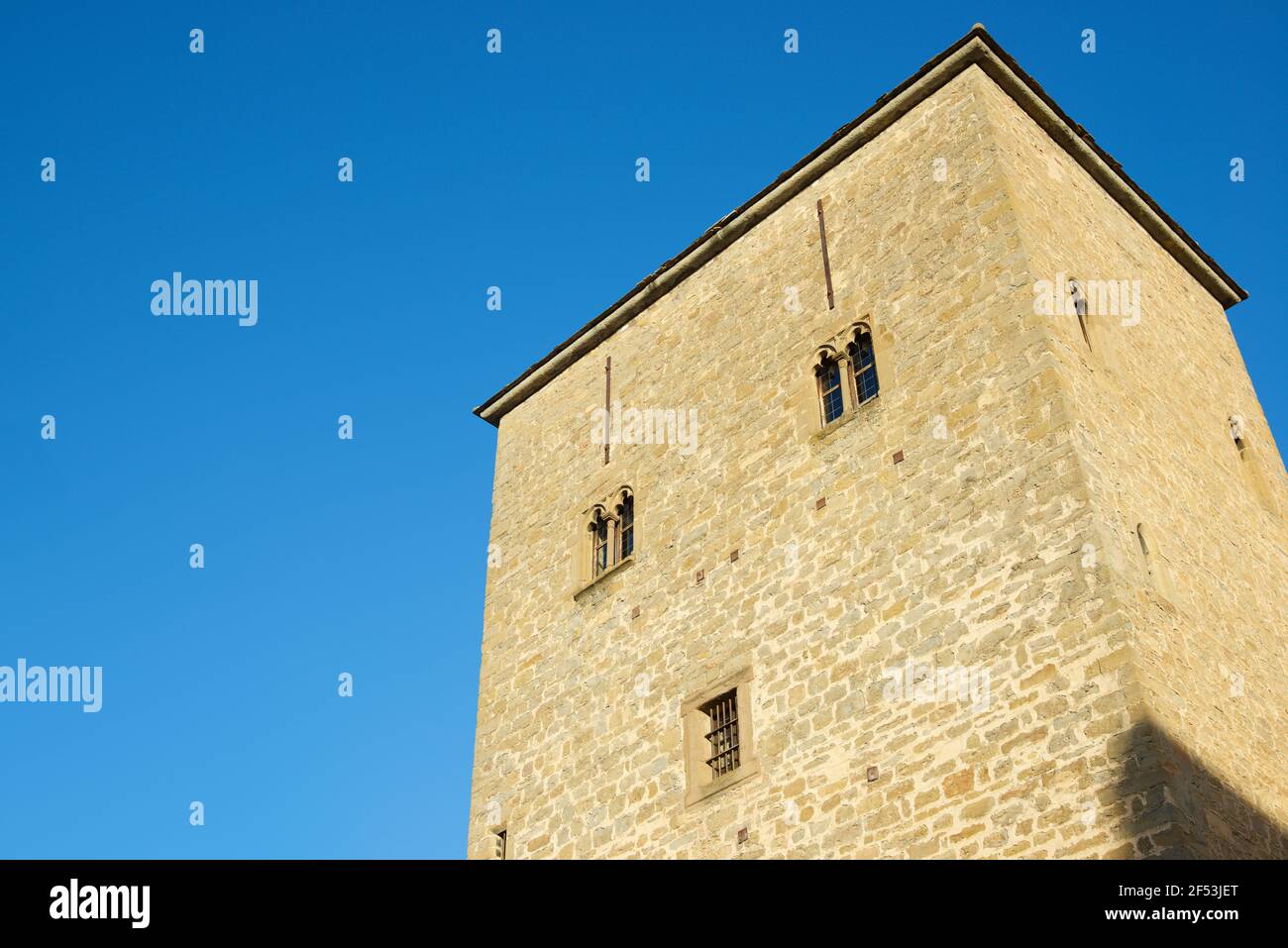 Medieval tower, known as the prison tower or clock tower, in the city ...