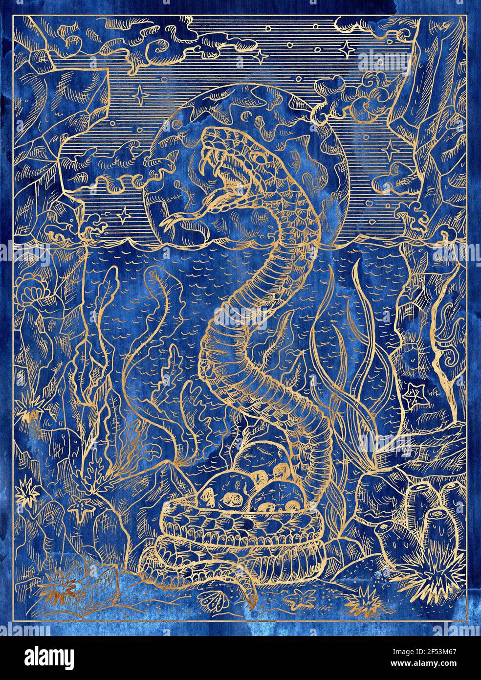 Blue marine illustration with scary snake, seascape and human skulls ...