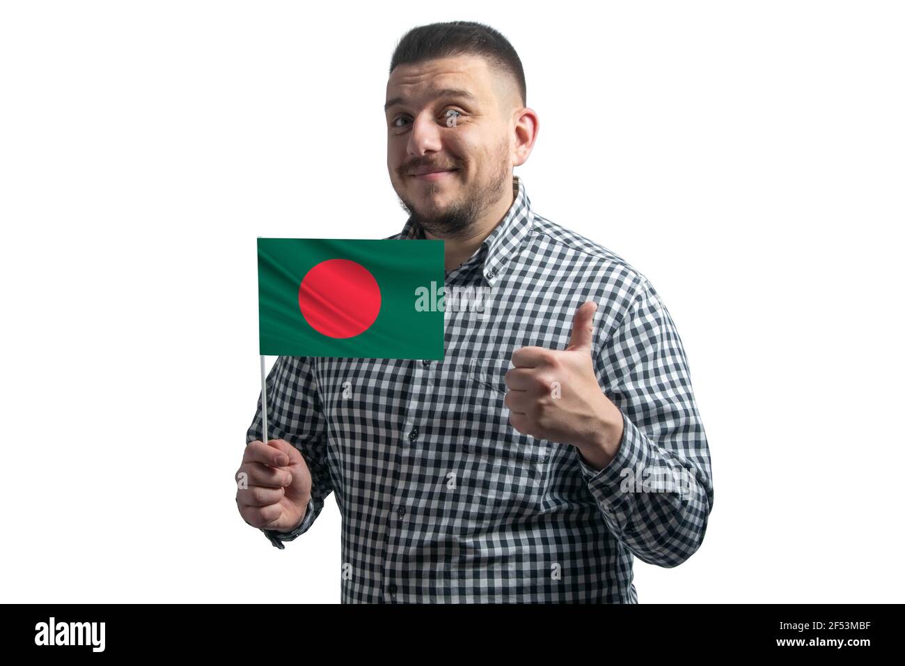 White guy holding a flag of Bangladesh and shows the class by hand ...