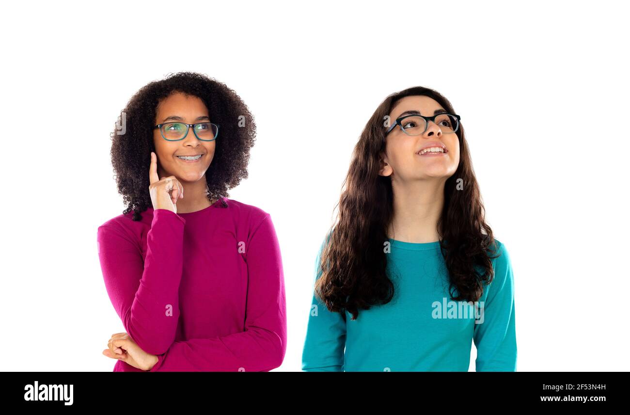 Two cheerful women friends girls isolated on a white background Stock ...