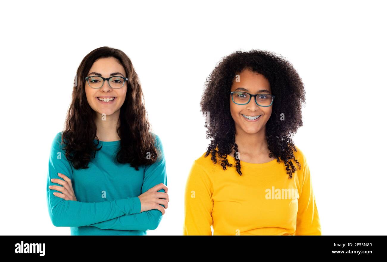 Two cheerful women friends girls isolated on a white background Stock ...