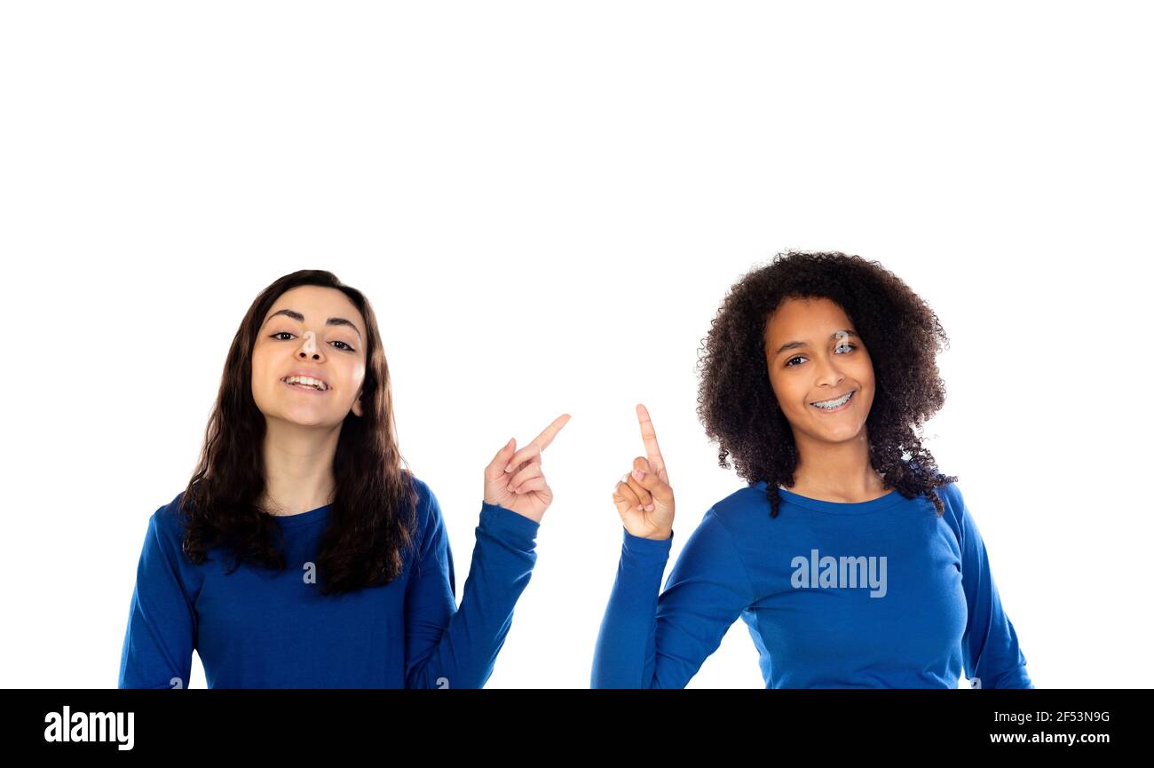 Two cheerful women friends girls isolated on a white background Stock ...