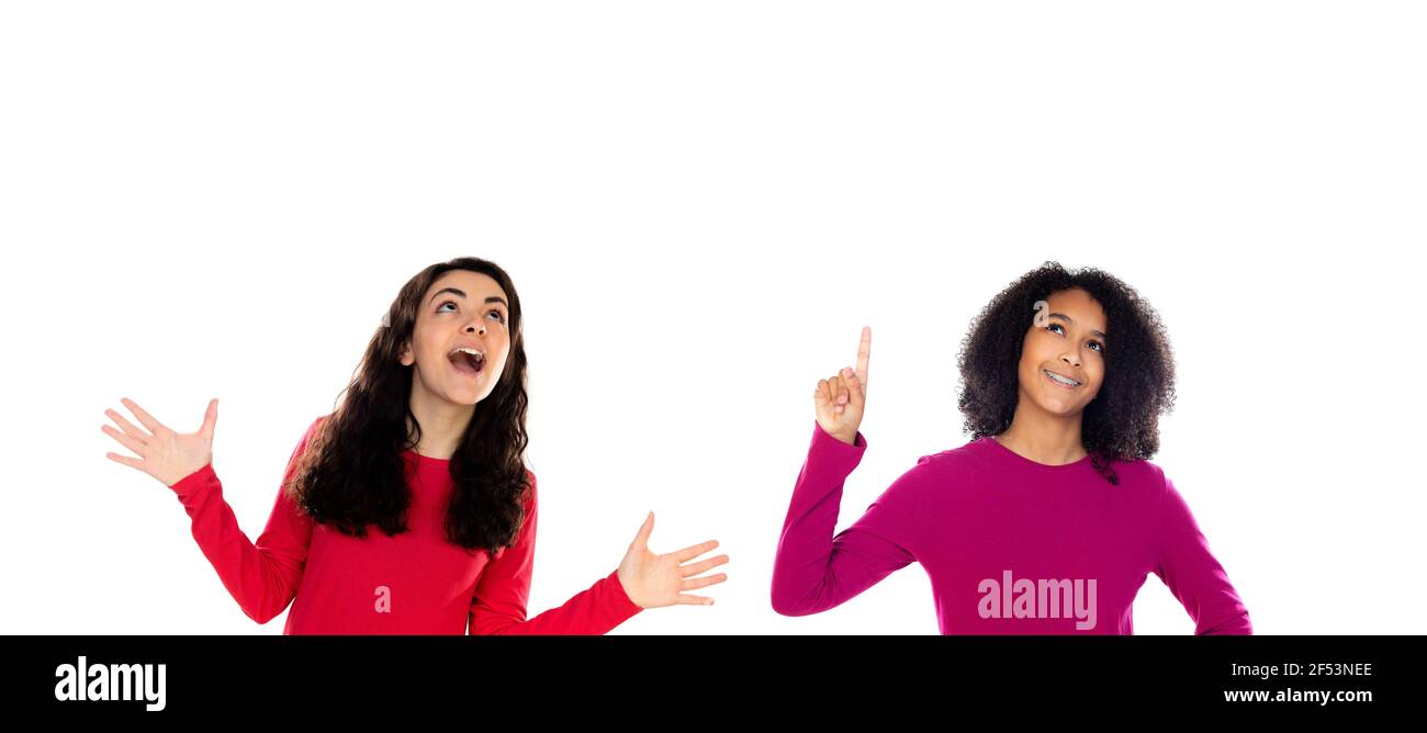 Two cheerful women friends girls isolated on a white background Stock ...