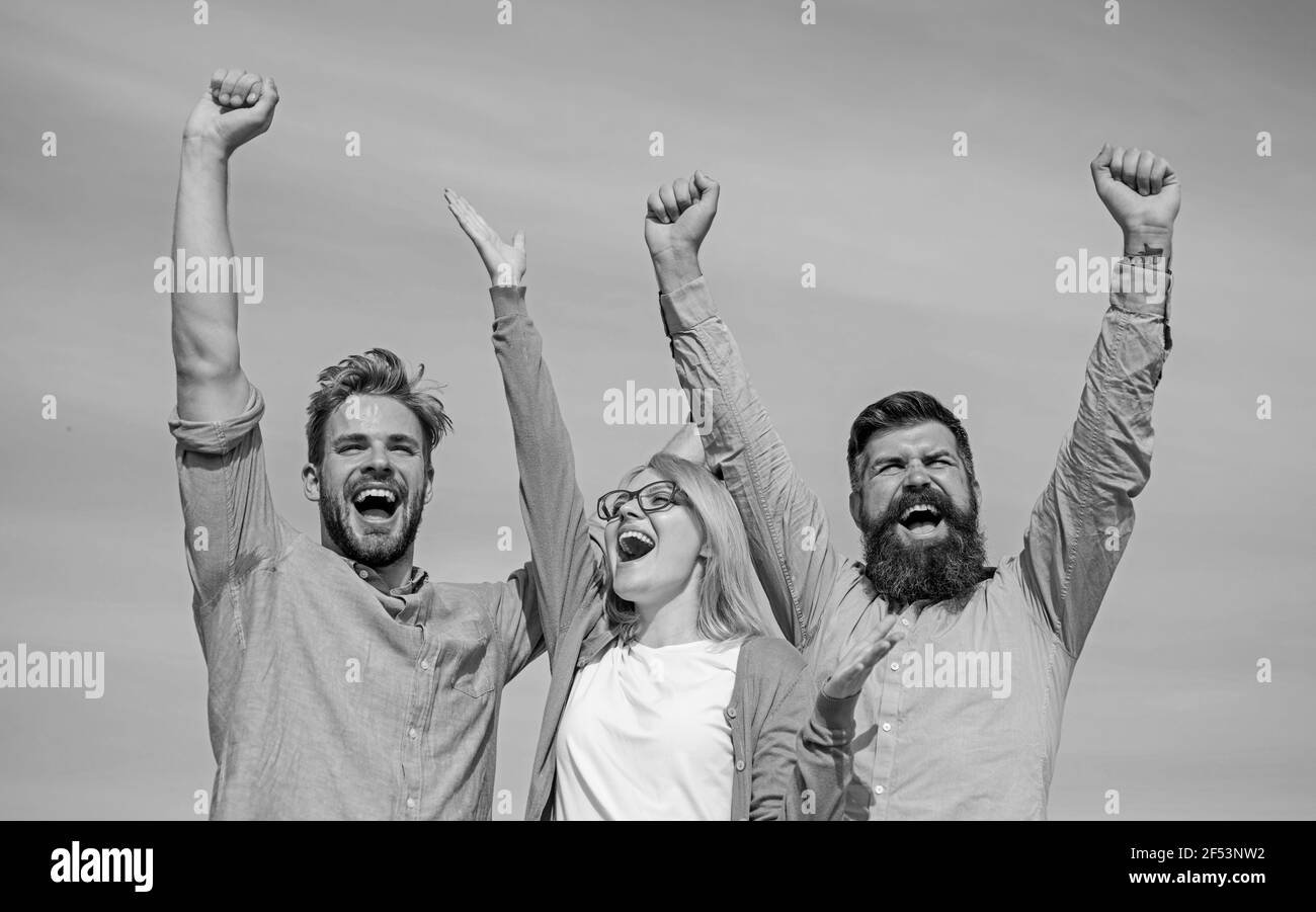 Employees enjoy feeling of freedom. Men with beard in formal wear and ...