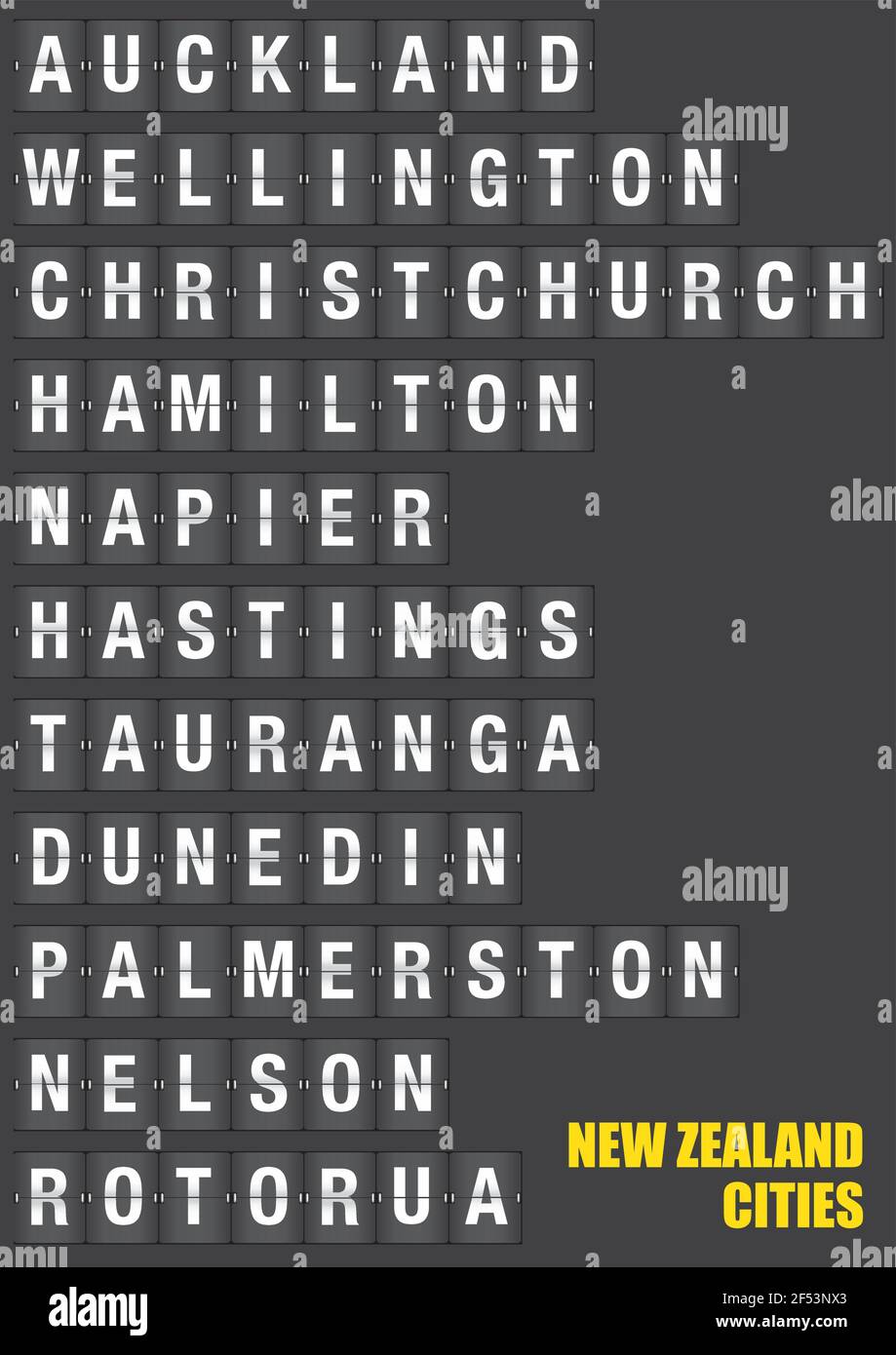 Names of New Zealand cities on old fashion split-flap display like ...