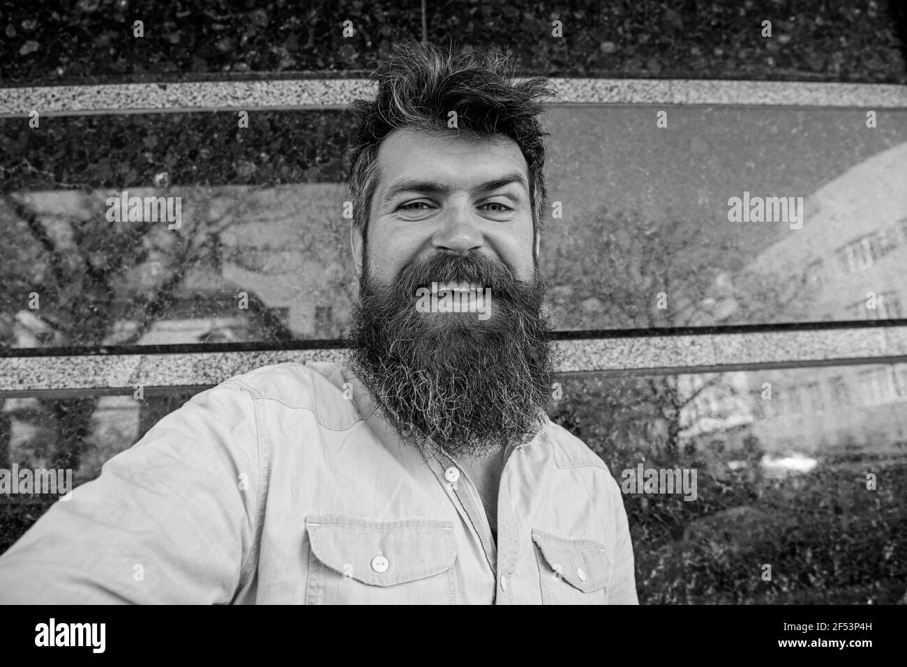 Man, tourist with beard and mustache on cheerful, smiling face, black ...