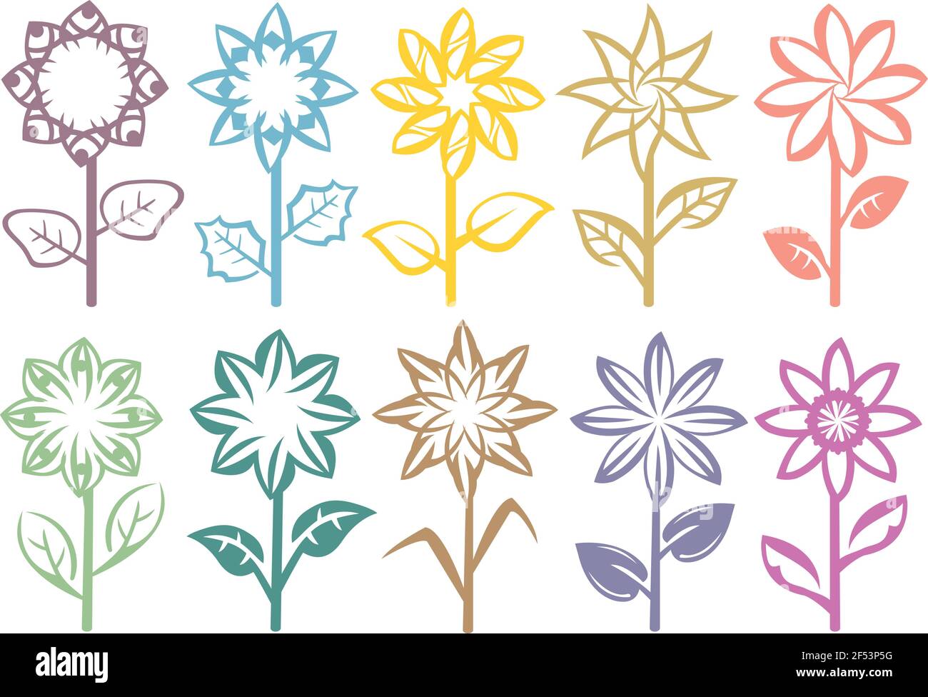 Set of designs of flowers on stalks with leaves. Set of ten vector ...