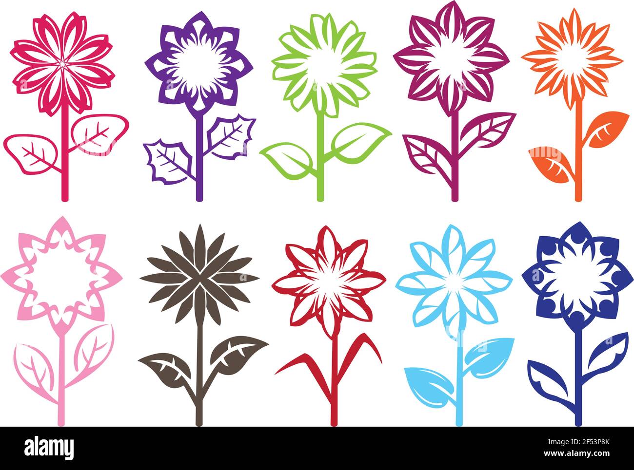 Set of ten designs of full bloom flowers on stalk with leaves. Vector ...