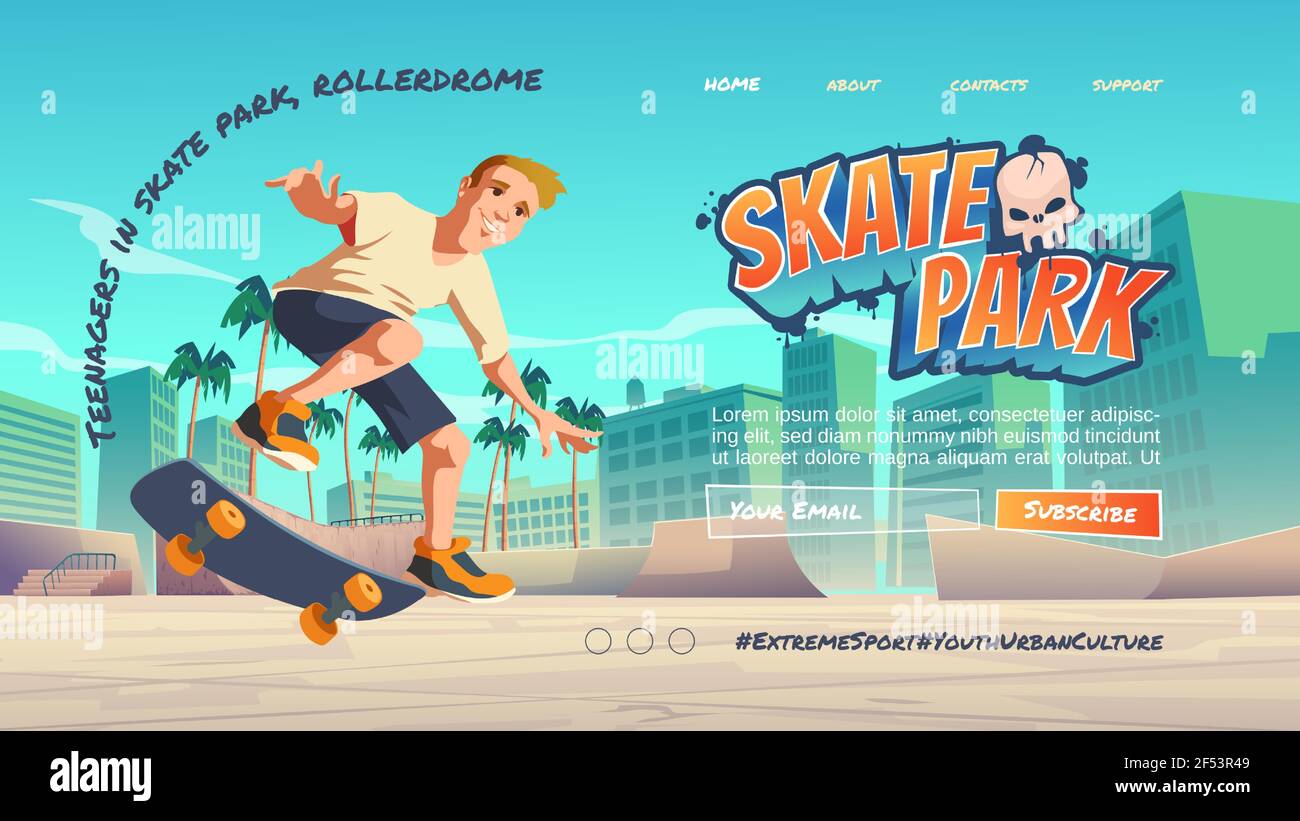 Skate park cartoon landing page with teenager Stock Vector Image & Art ...