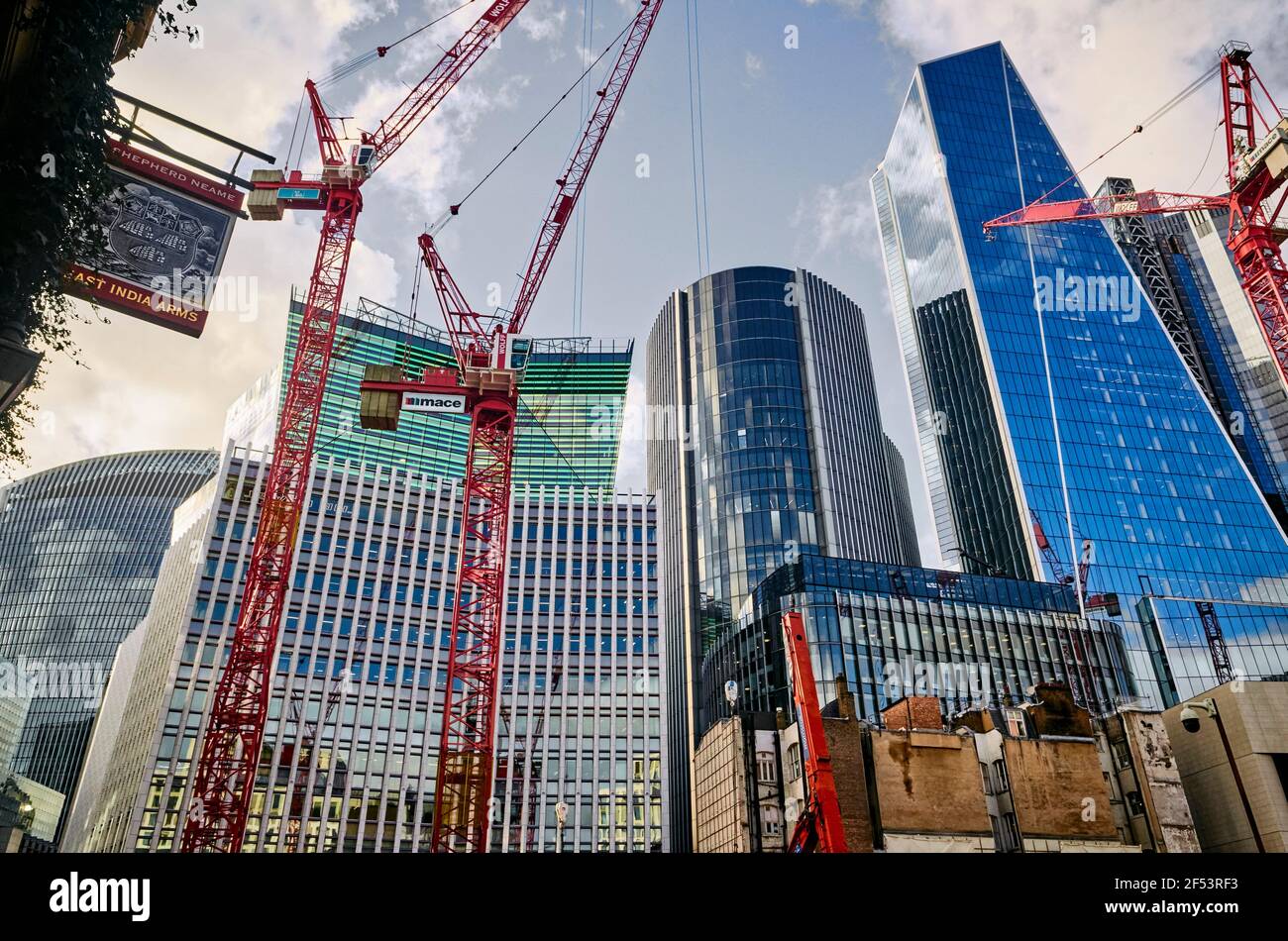Construction work in Fenchurch Street showing Walkie Talkie building, Fen Court building, Willis ...