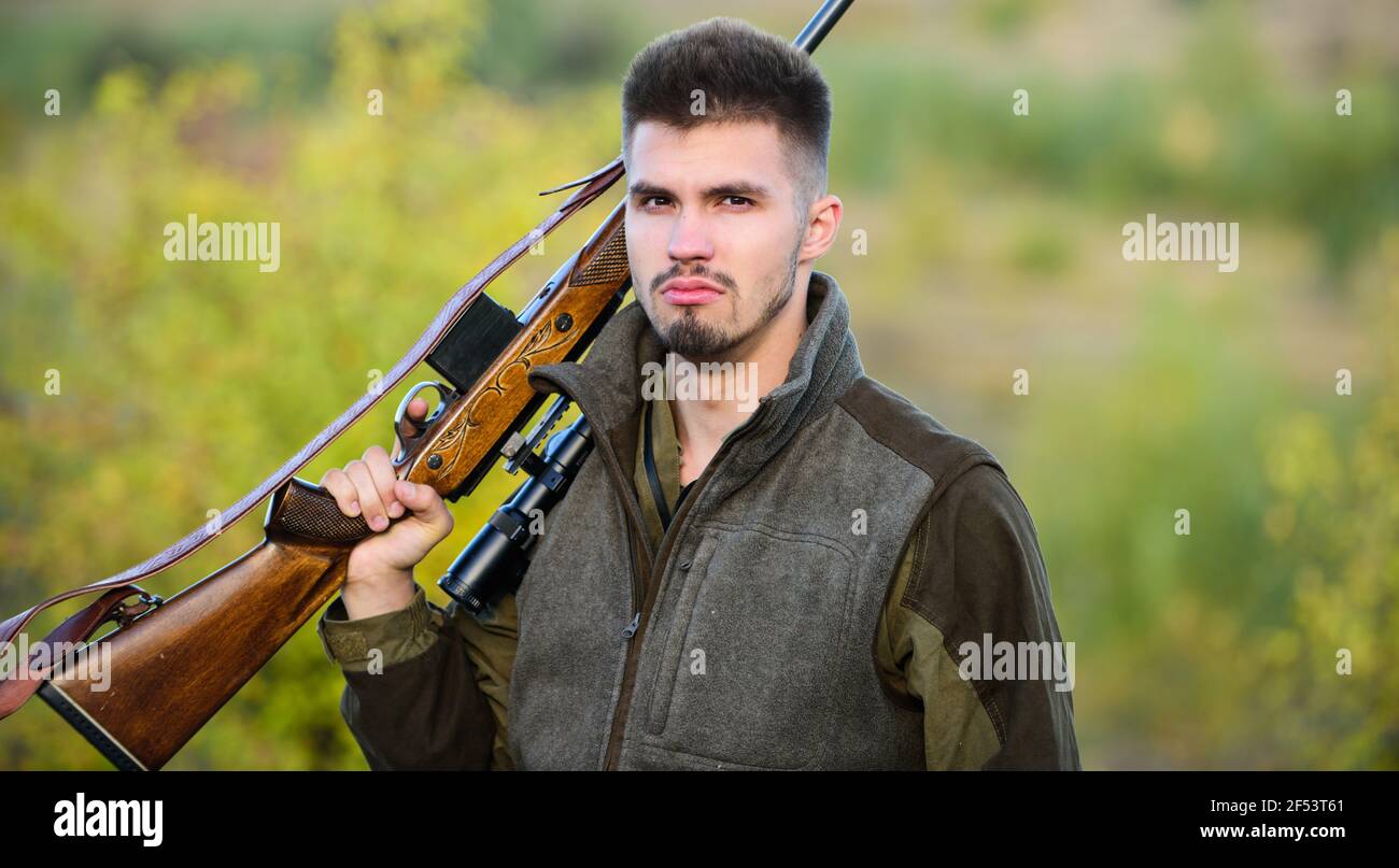 How turn hunting into hobby. Guy hunting nature environment. Masculine ...