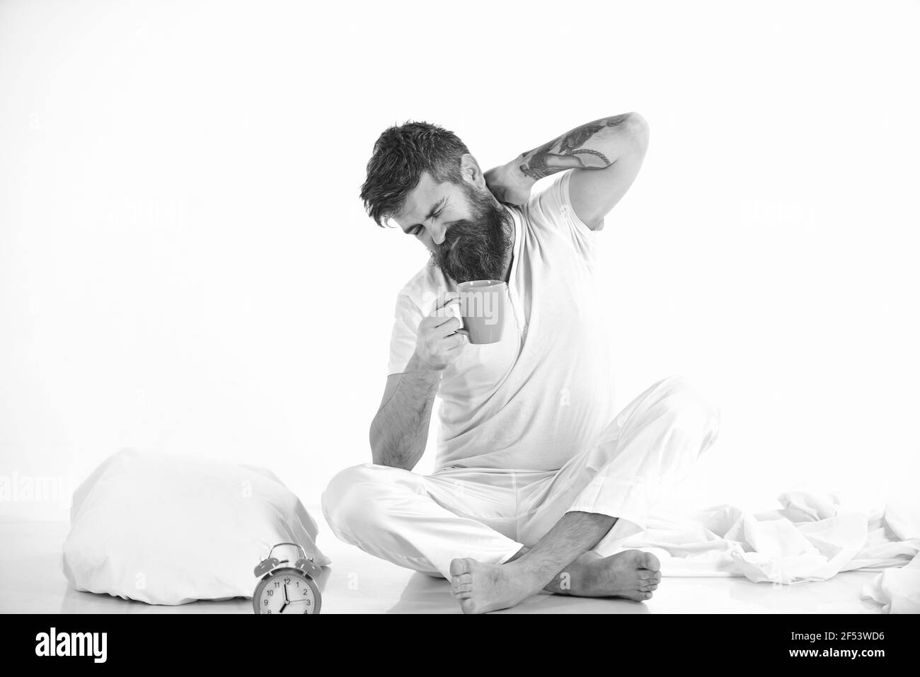 Caucasian man wake up in Black and White Stock Photos & Images - Alamy