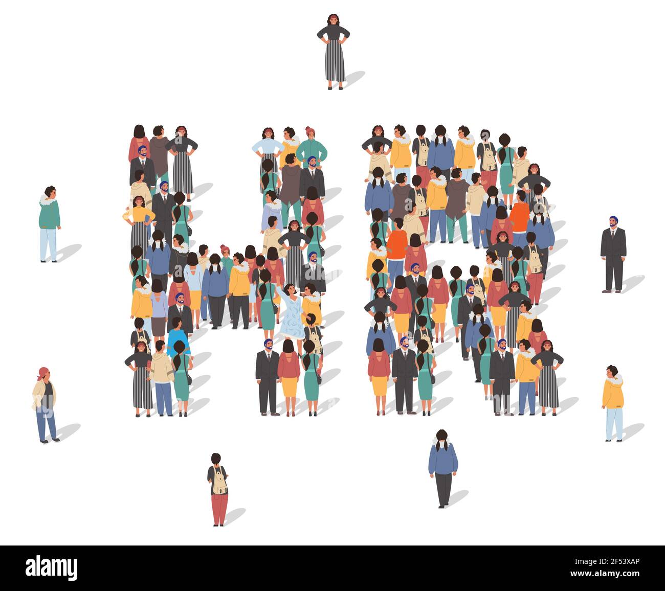 Large group of people standing together forming HR letters, flat vector ...