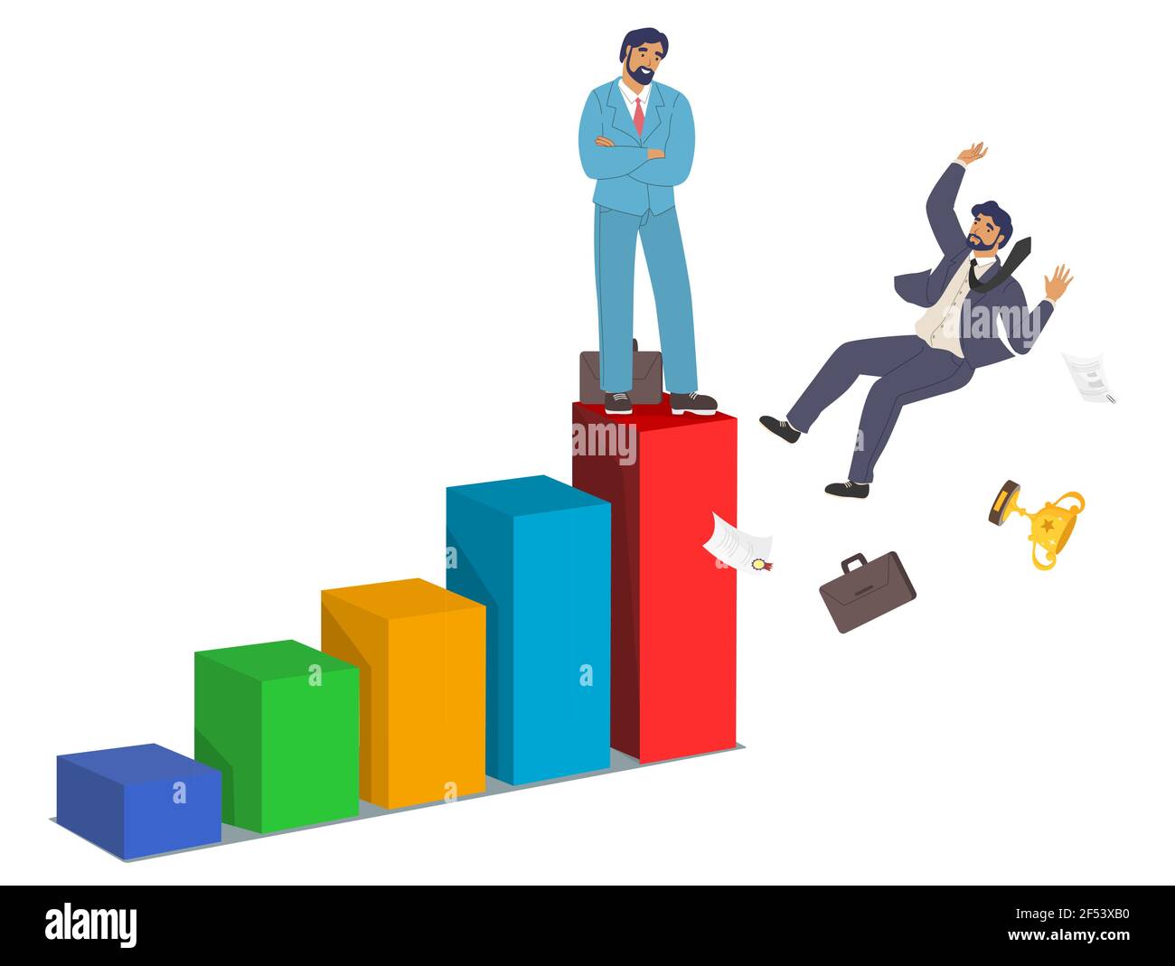 Businessman, office worker or employee falling down from bar chart ...