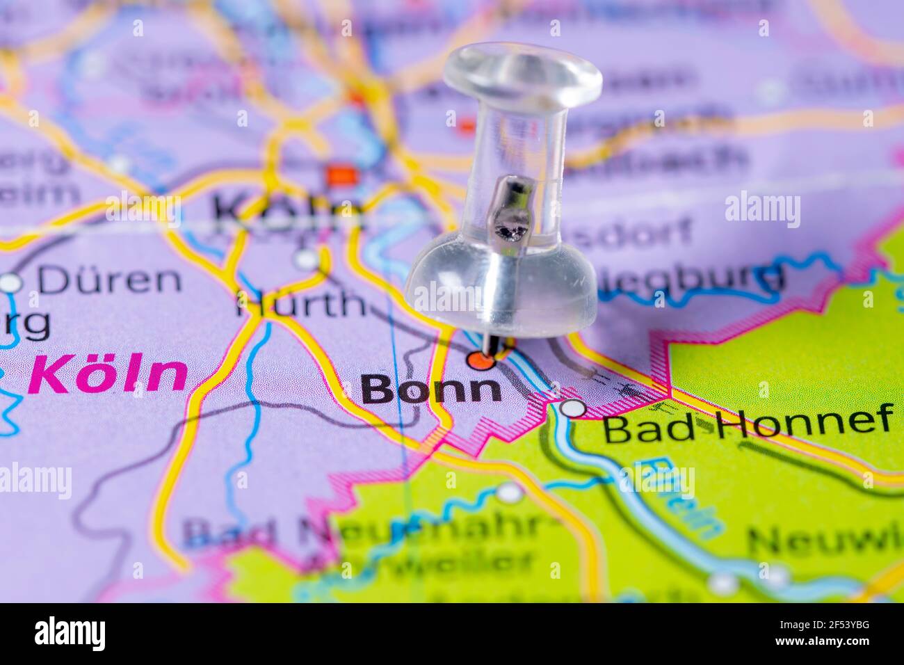 A colorless Pins on a map showing the name of Bonn a state of Germany ...