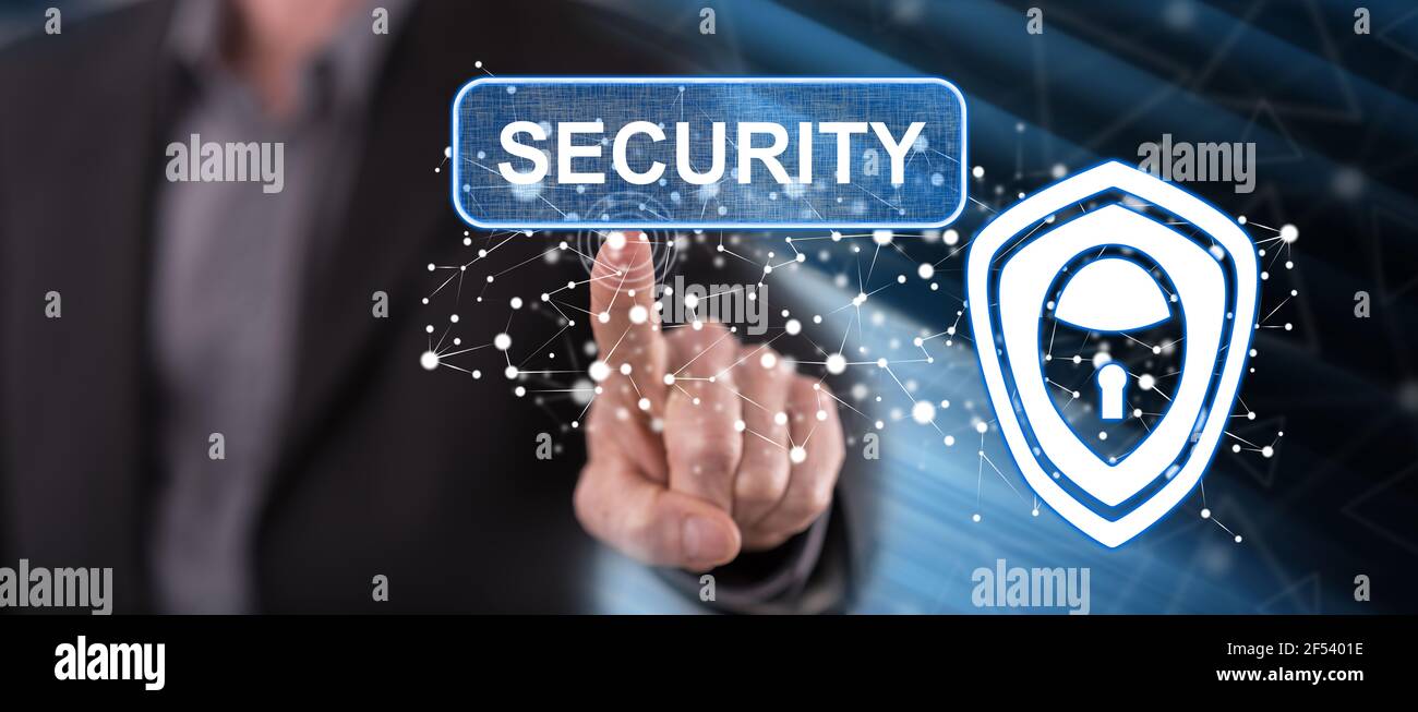 Man touching a cyber security concept on a touch screen with his finger ...